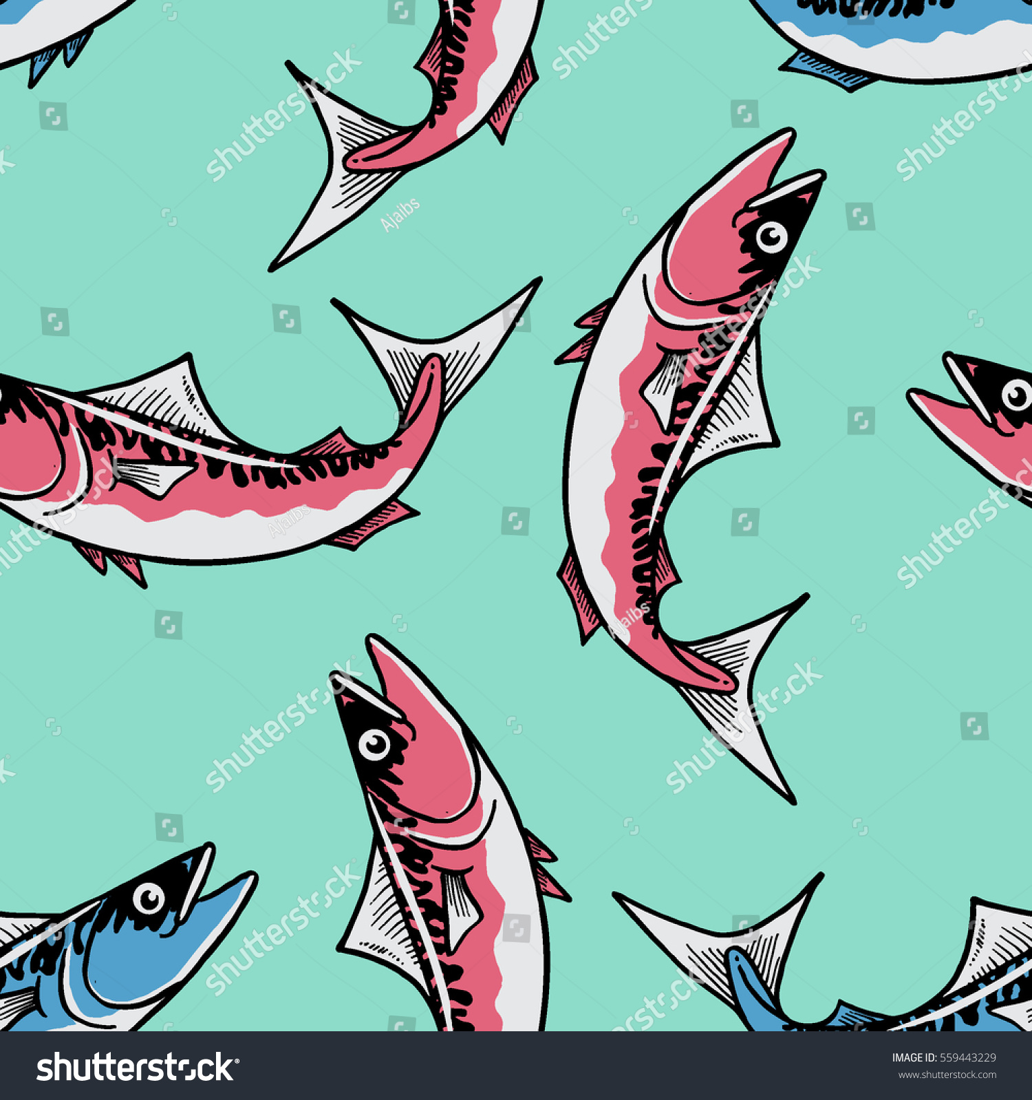Mackerel Fish Drawing Illustration Seamless Pattern Stock Vector ...