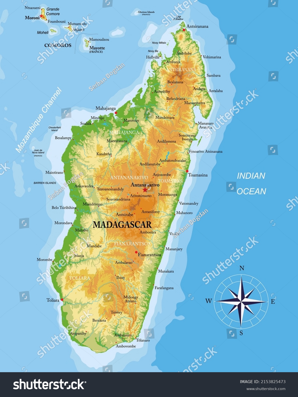 Mapa físico altamente detallado de Madagascar: vector de stock (libre ...