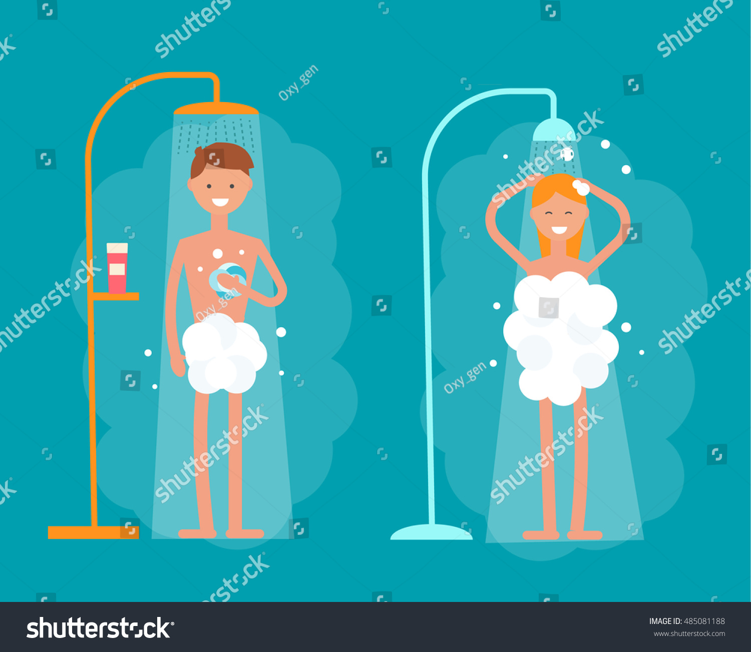 男人和女人洗澡在浴室,矢量插图。 淋浴与自来水。 平坦现代矢量插图的人采取淋浴隔离。 库存矢量图(免版税)485081188