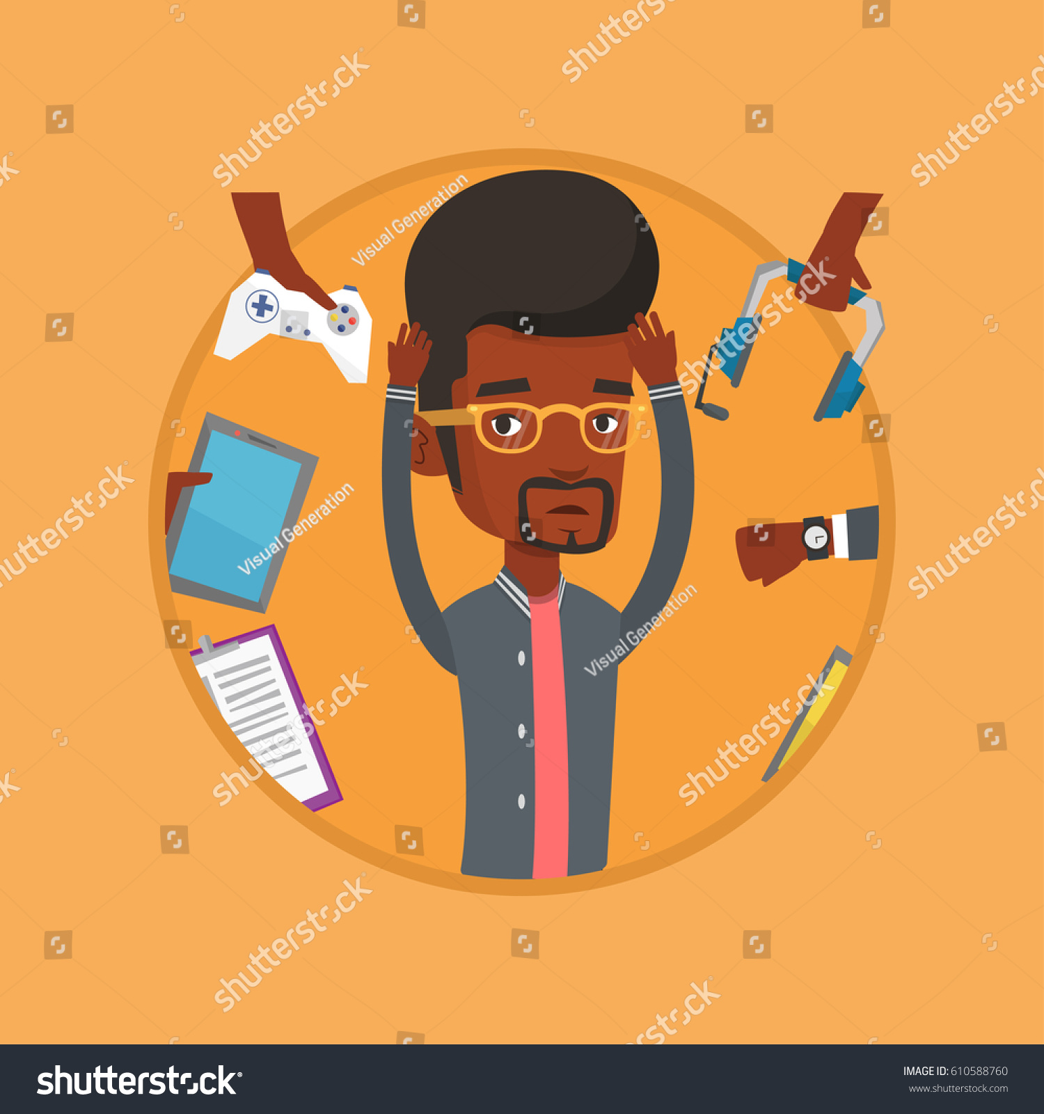Man Clutching His Head Many Hands เวกเตอร์สต็อก ปลอดค่าลิขสิทธิ์