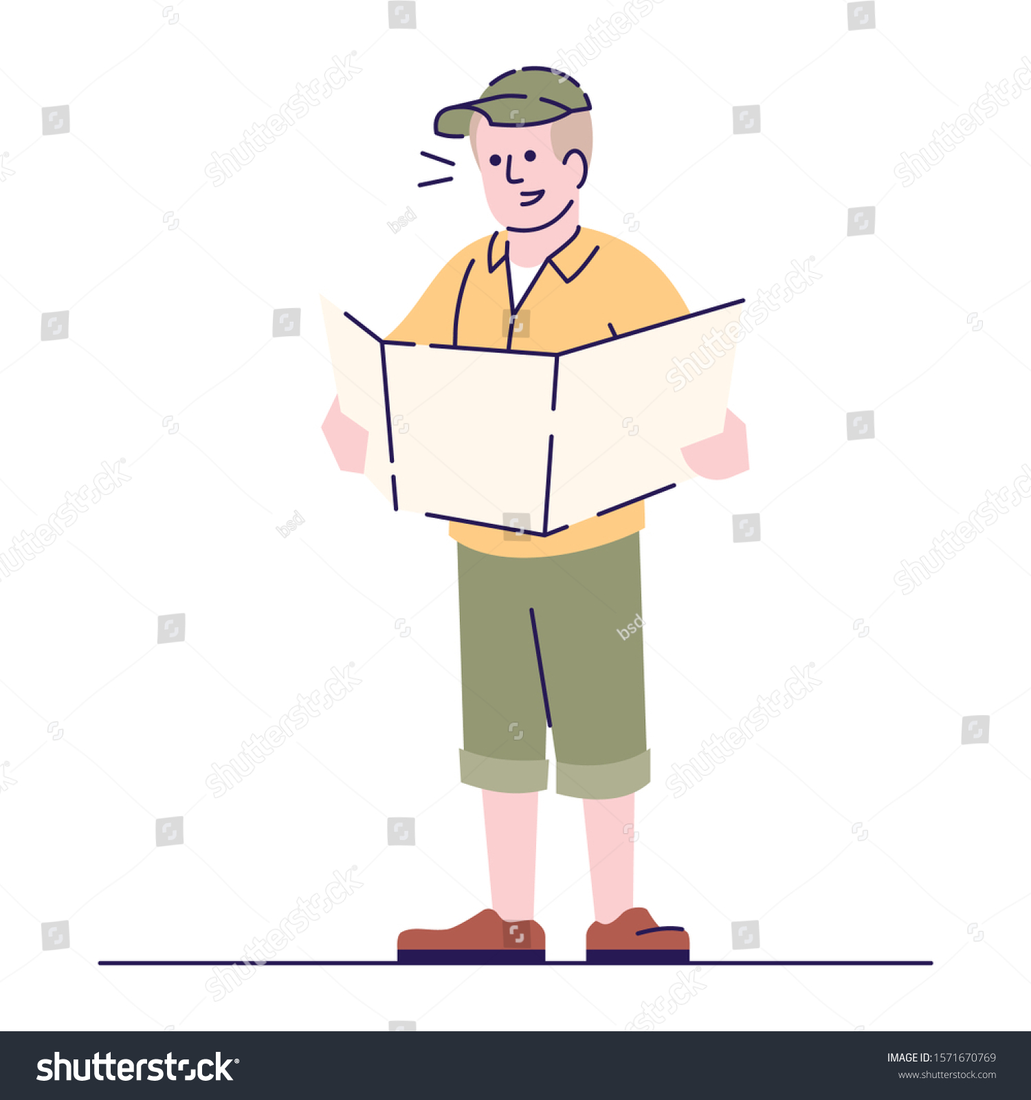 Man Looking Map Flat Vector Illustration: เวกเตอร์สต็อก (ปลอดค่า ...