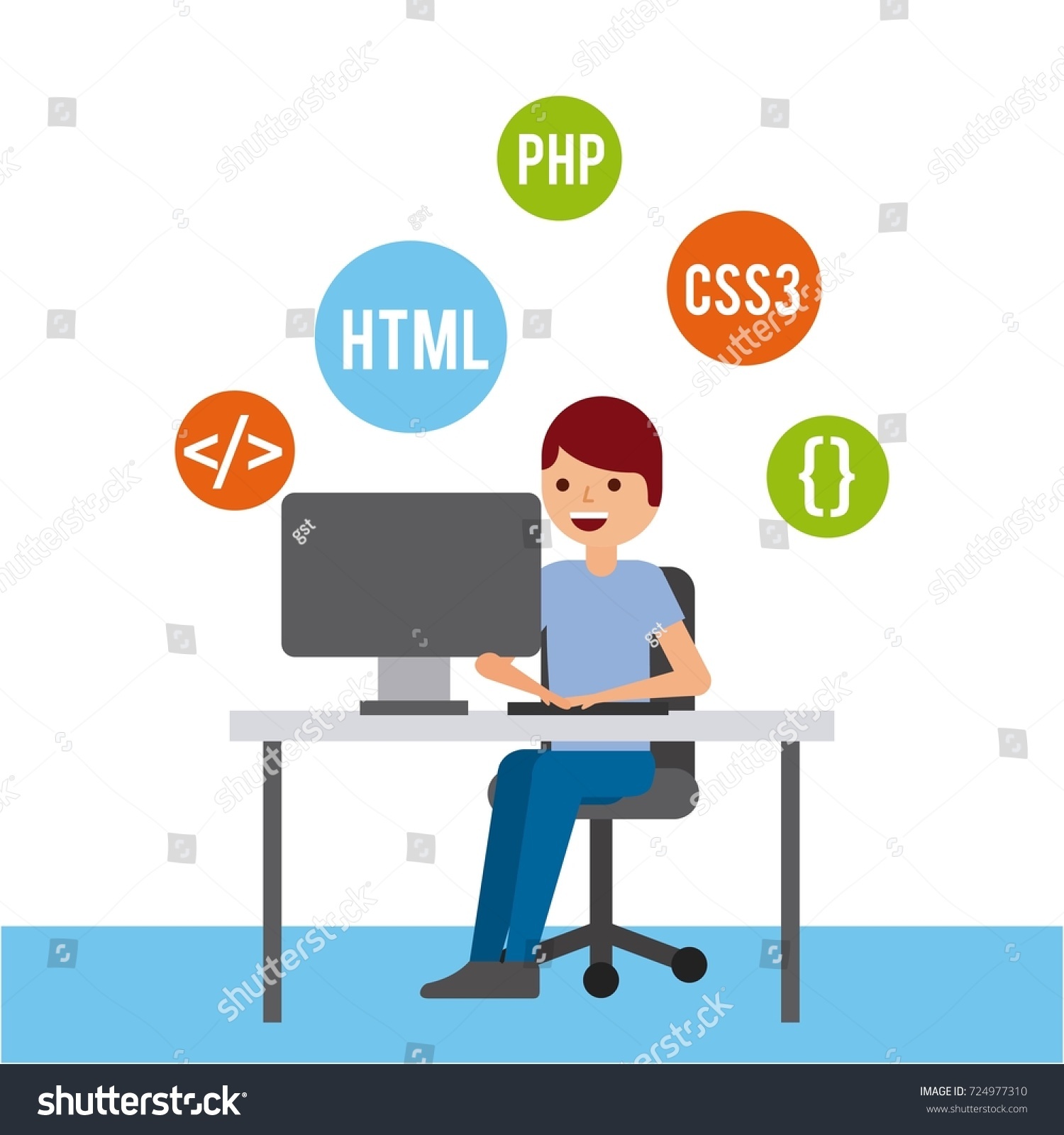Man Programmer Working On His Pc Stock Vector (Royalty Free) 724977310 ...