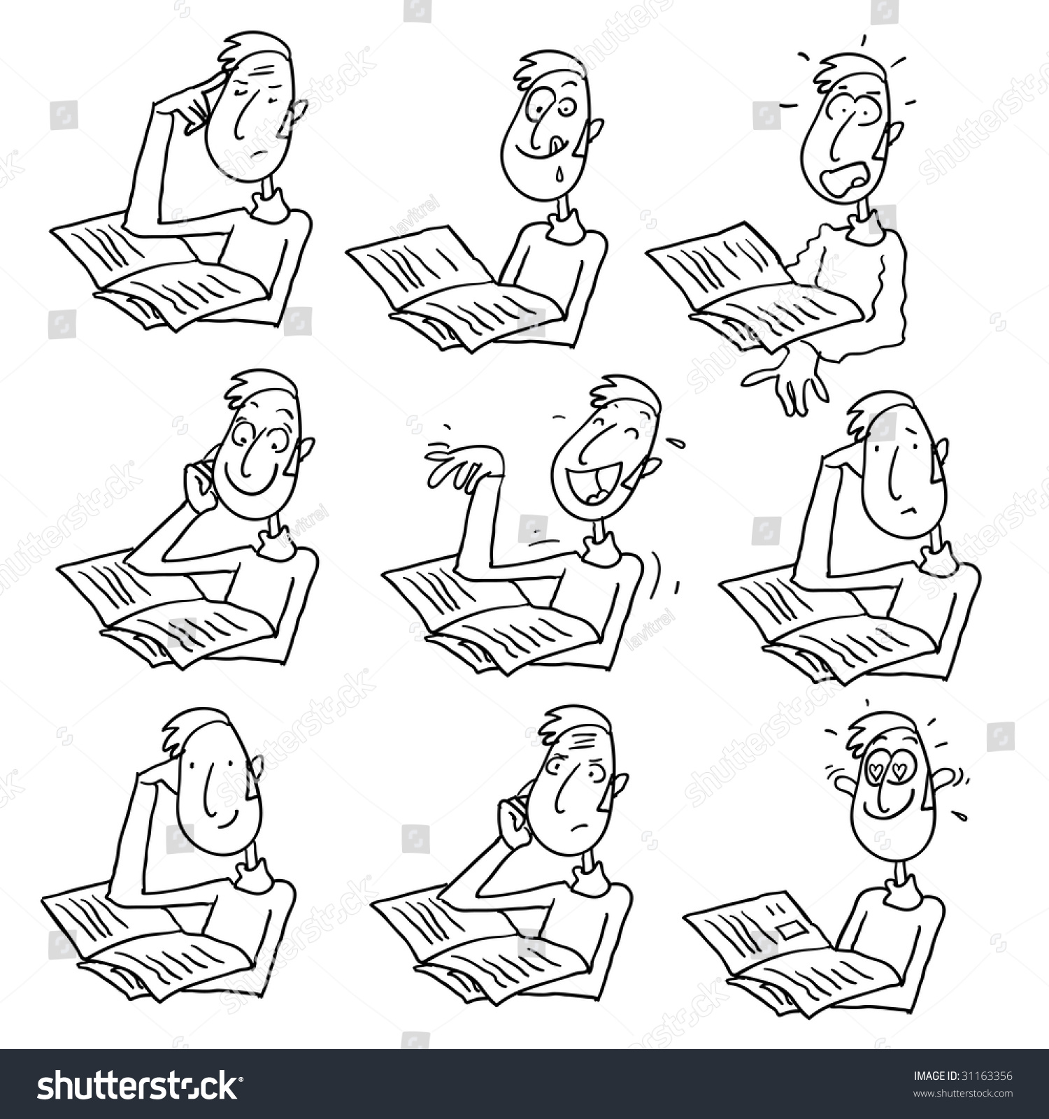 Man Reading Cartoons Expressions Vector Drawing Stock Vector (Royalty ...