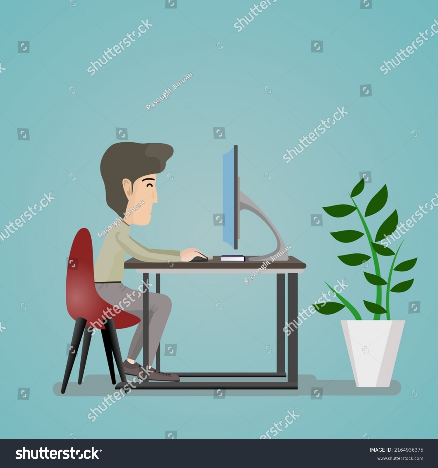 Man Sitting Home Computer Desk Vector Stock Vector (Royalty Free ...