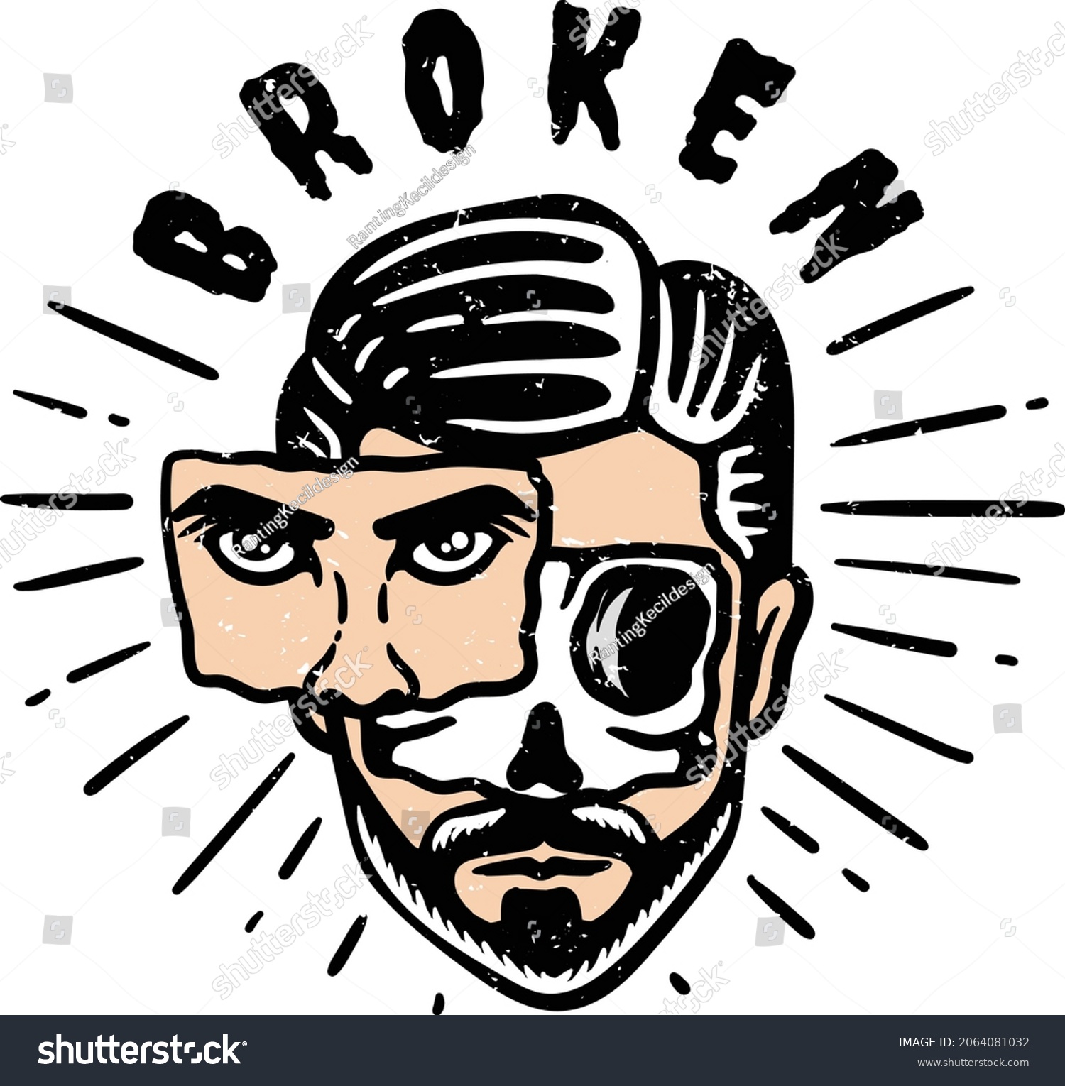 Man Split Face Illustration Visible Skull Stock Vector (Royalty Free ...