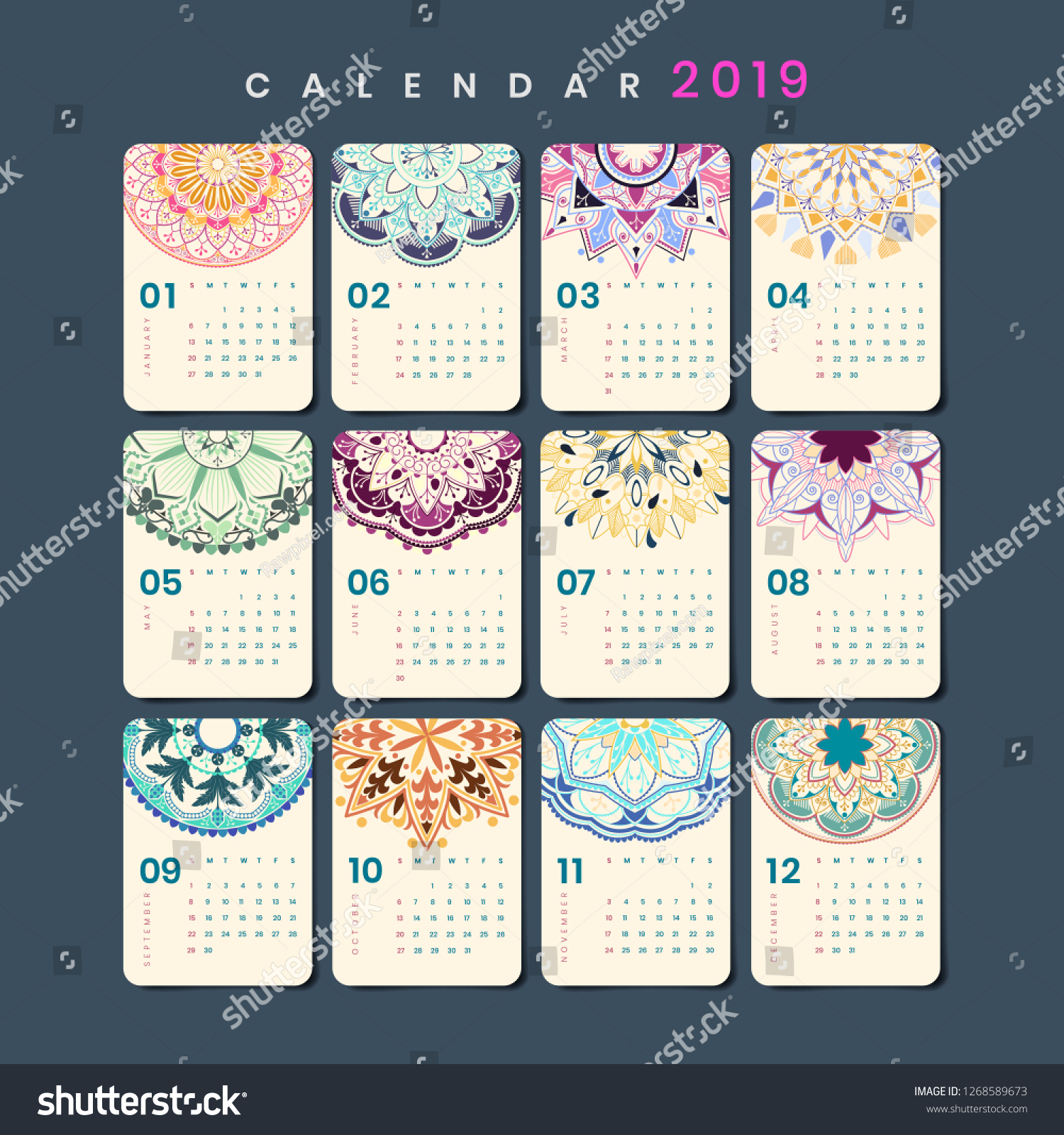 Mandala Calendar 2019 Vector Posters Set Stock Vector (Royalty Free ...