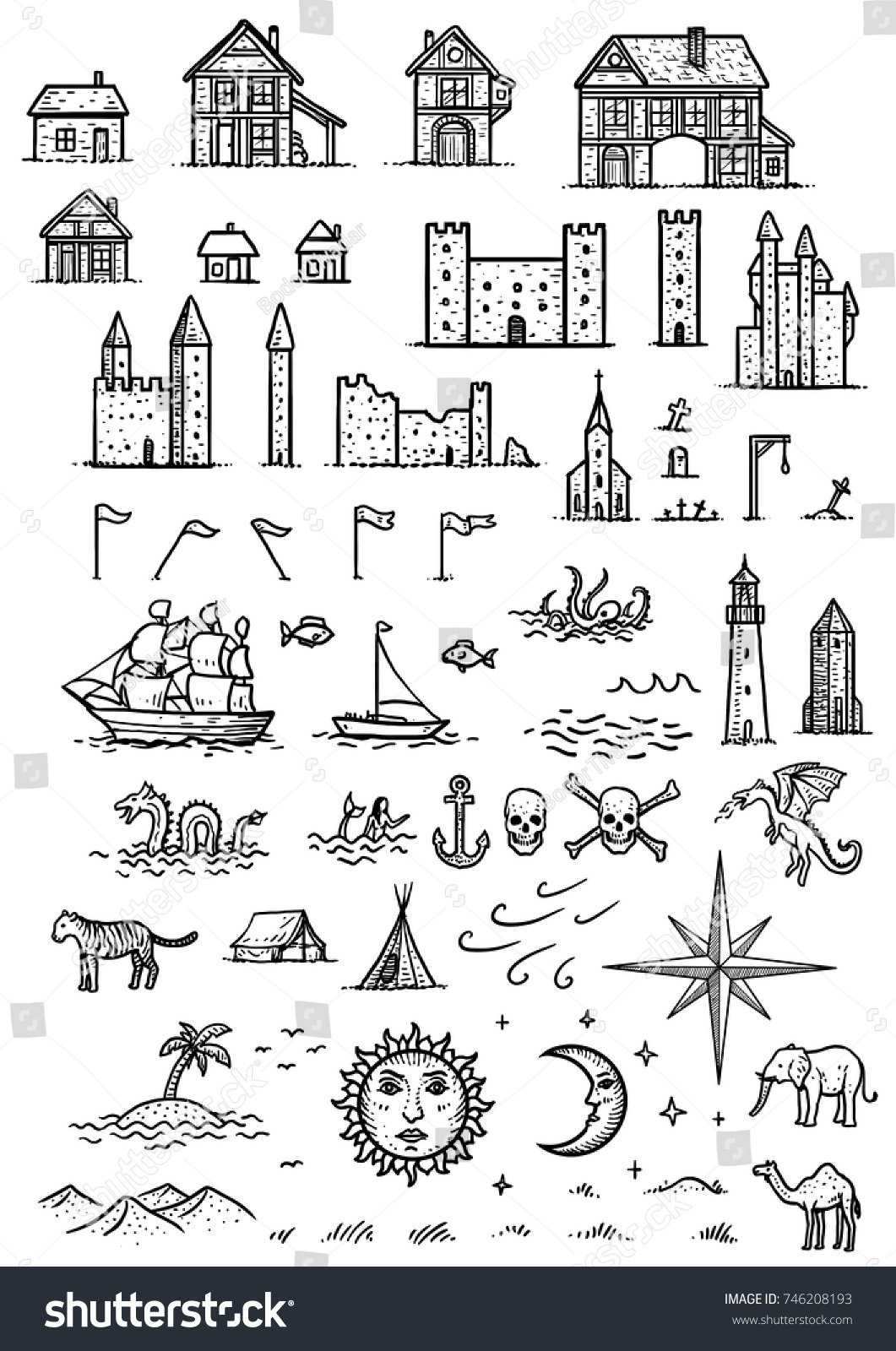 Map Elements Illustration Drawing Engraving Ink Stock Vector (Royalty ...
