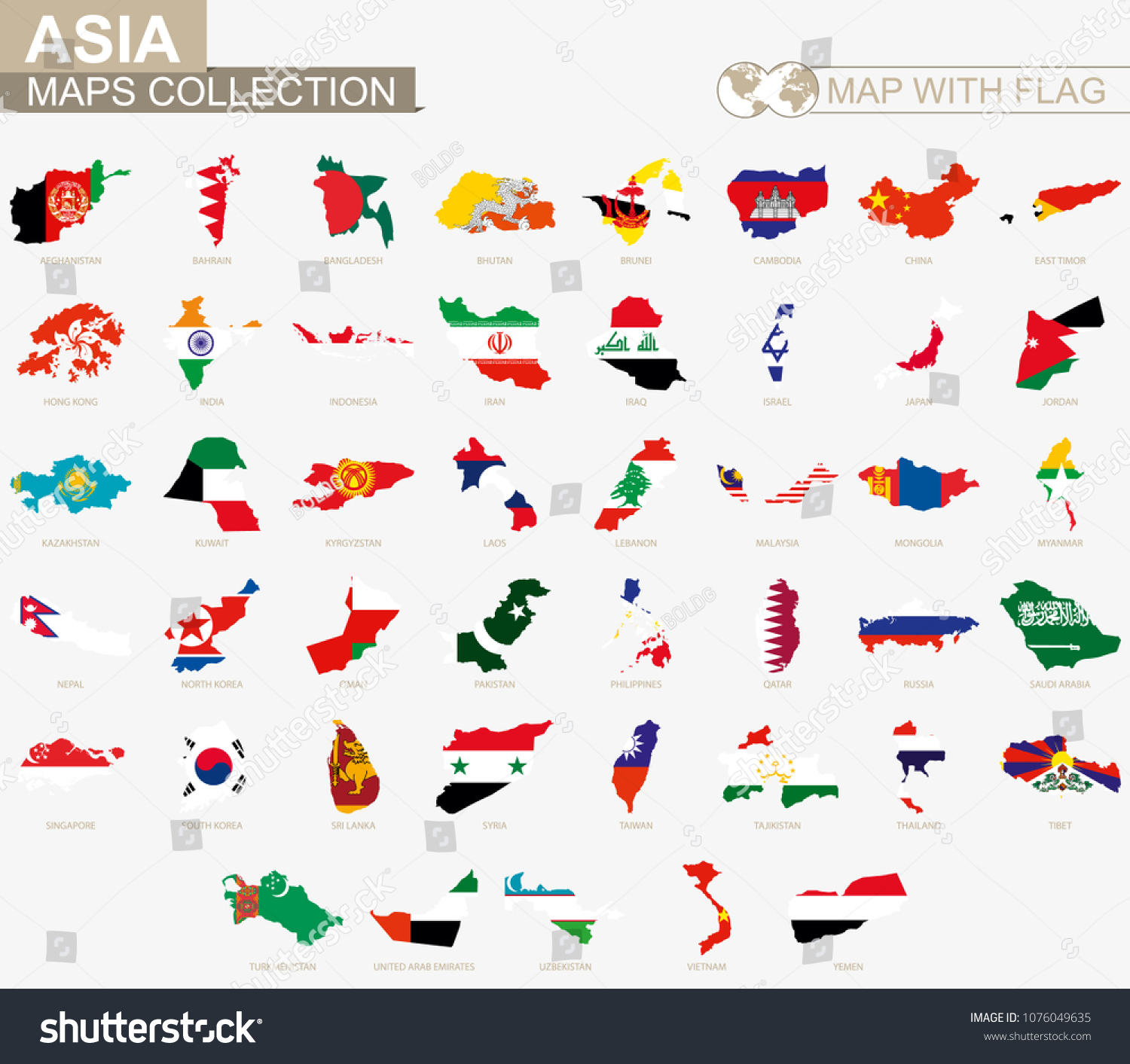 Map Flag Asian Countries Collection Stock Vector (Royalty Free) 1076049635