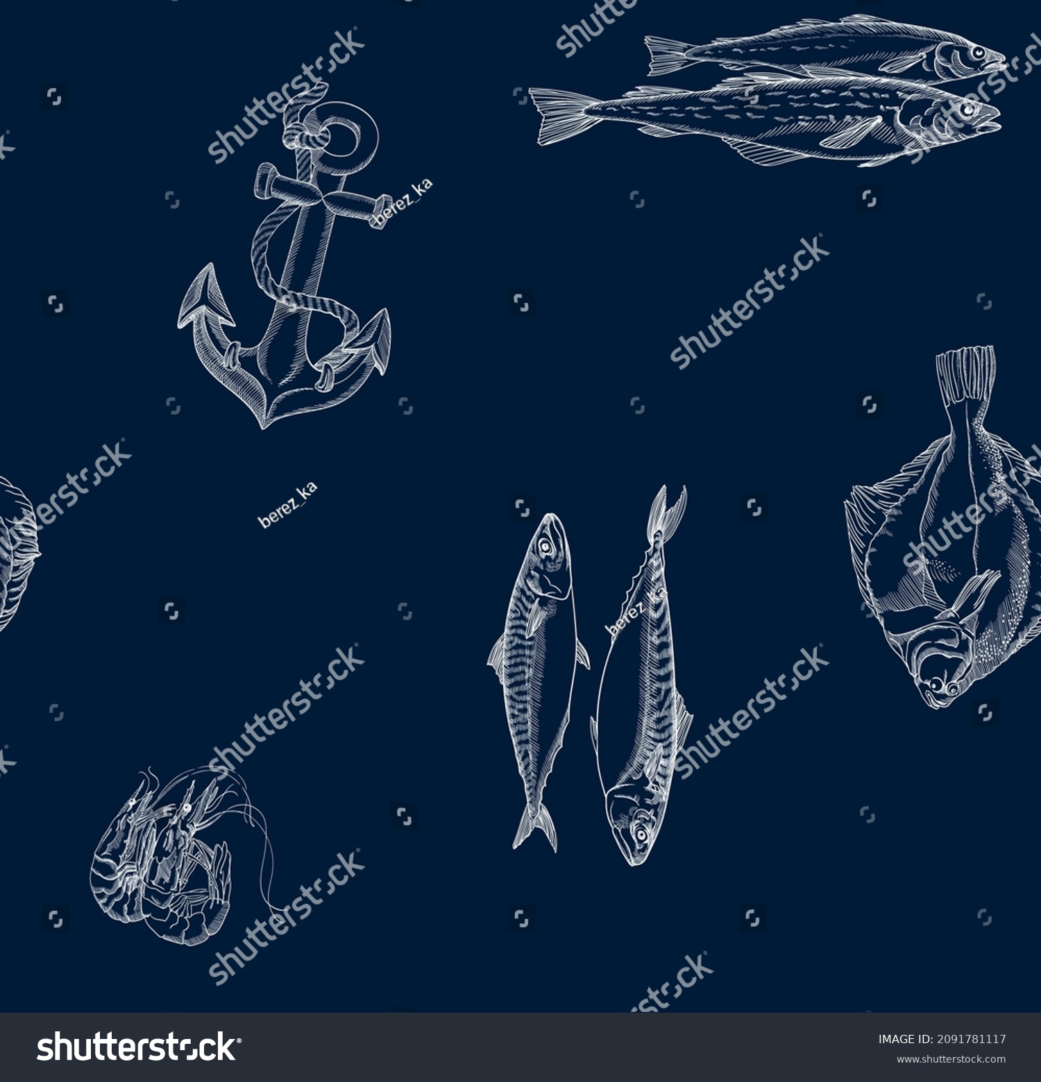 Marine Seamless Pattern Anchor Fish Shrimp Stock Vector (Royalty Free ...