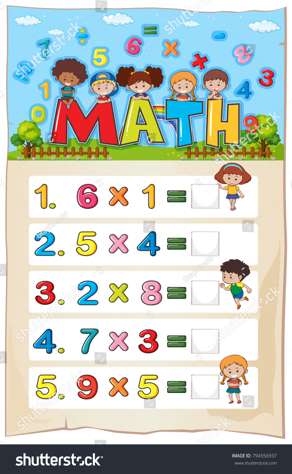 Math Worksheet Template Kids Multiplication Problems 库存矢量图（免版税 ...