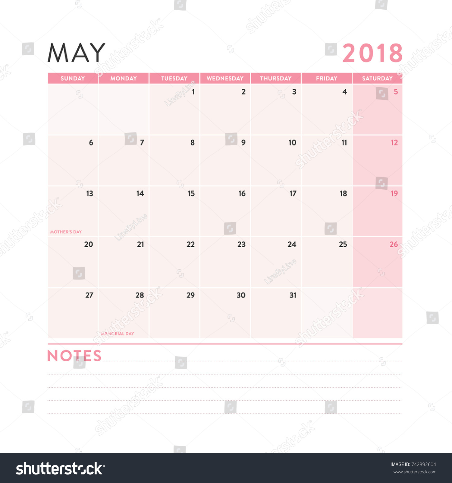May 2018 Monthly Calendar Notes Vector Stock Vector (Royalty Free ...