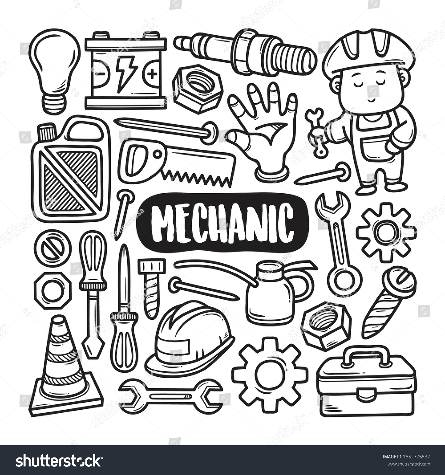 Mechanic Hand Drawn Doodle Coloring Vector: เวกเตอร์สต็อก (ปลอดค่า ...