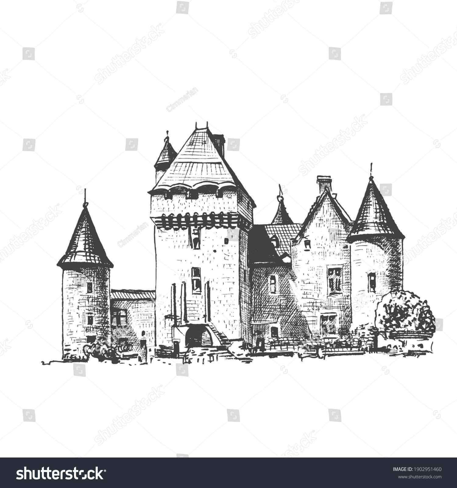 mittelalterliche Burg. Vektorgrafik, Skizze: Stock-Vektorgrafik ...