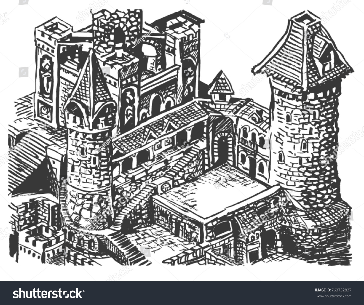 Vektor Stok Medieval Castle Vector Drawing Sketch (Tanpa Royalti ...
