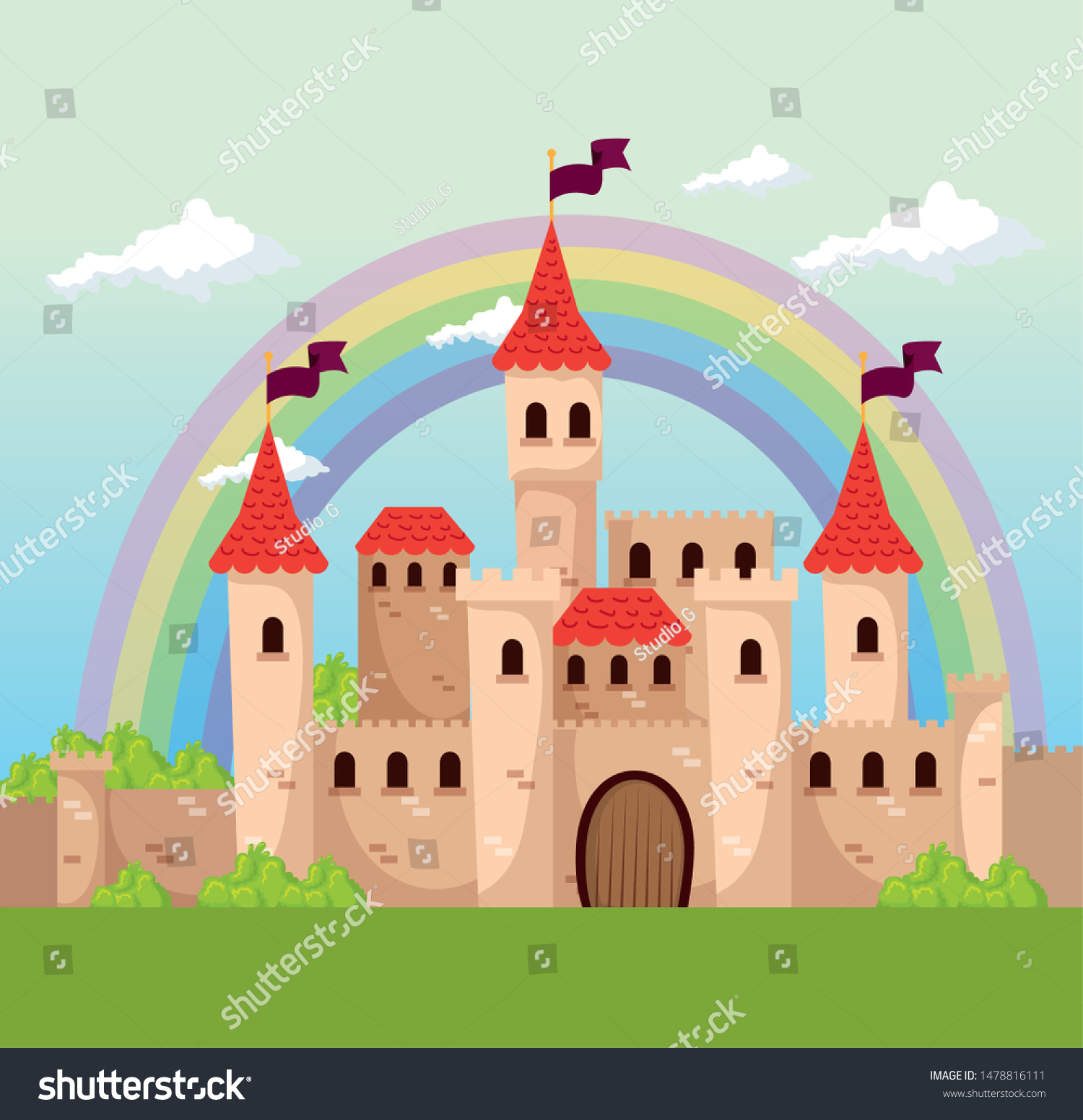 Medieval Castle Flags Clouds Rainbow Stock Vector (Royalty Free ...