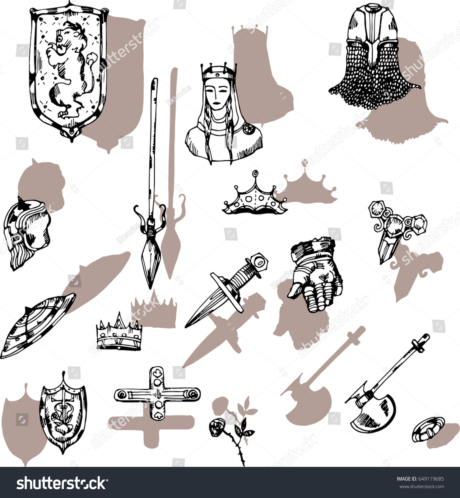 Medieval Objects Ink Set Hand Drawing: vector de stock (libre de ...