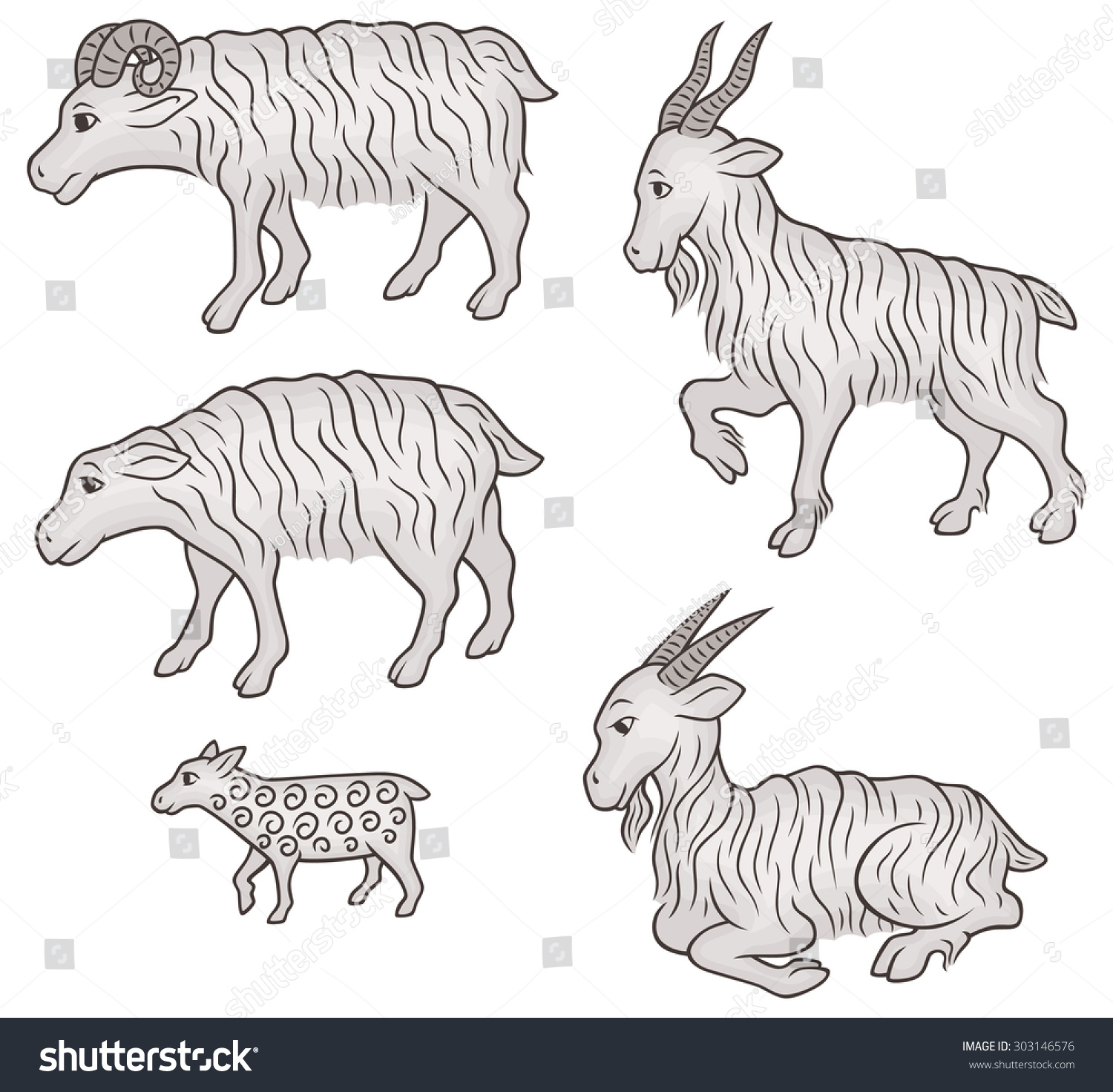 Medieval Sheep Goats: vector de stock (libre de regalías) 303146576