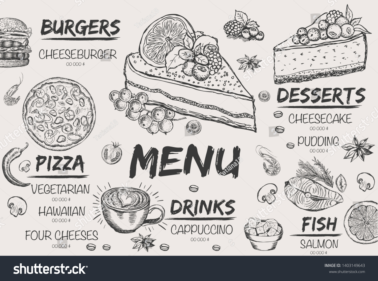Vektor Stok Menu Hand Drawn Restaurant Template Design (Tanpa Royalti ...
