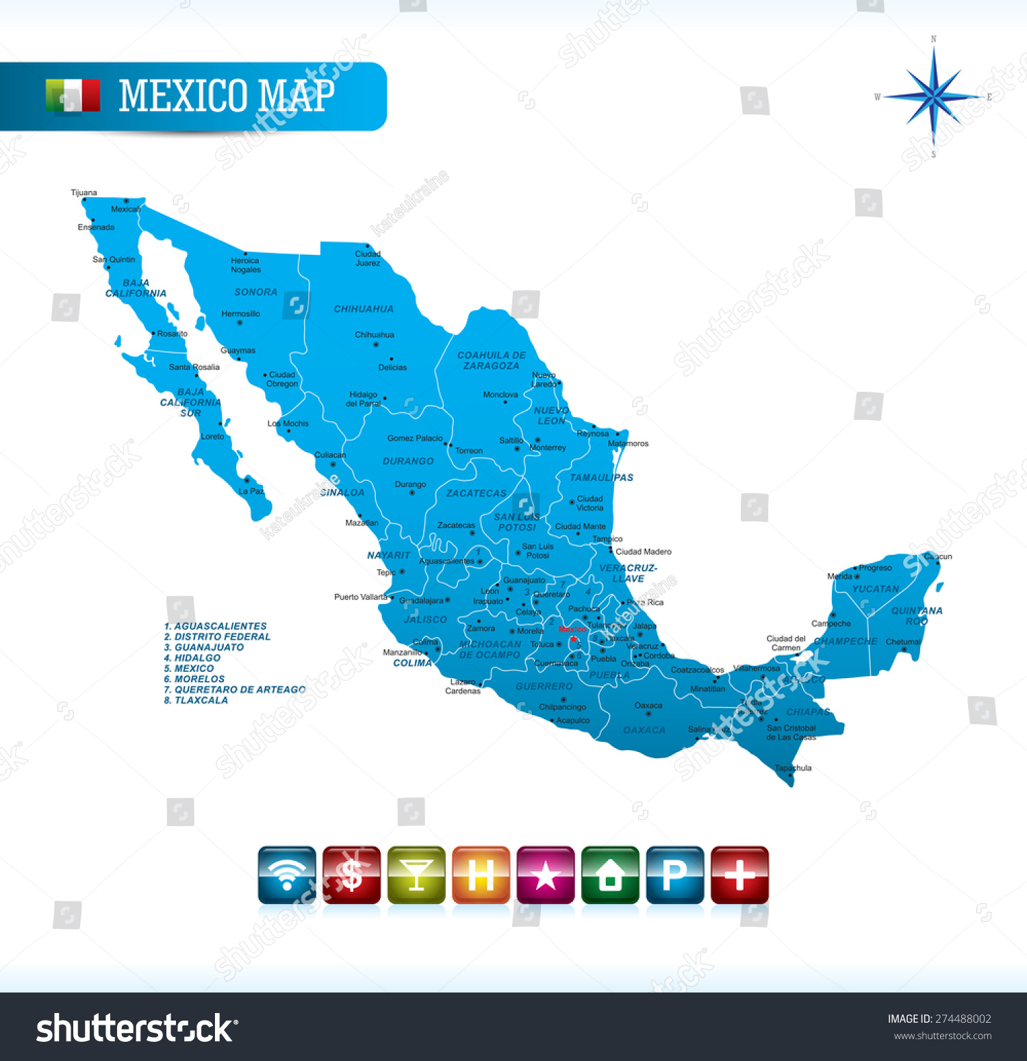 Mexico Map Navigation Icons Stock Vector (Royalty Free) 274488002 ...