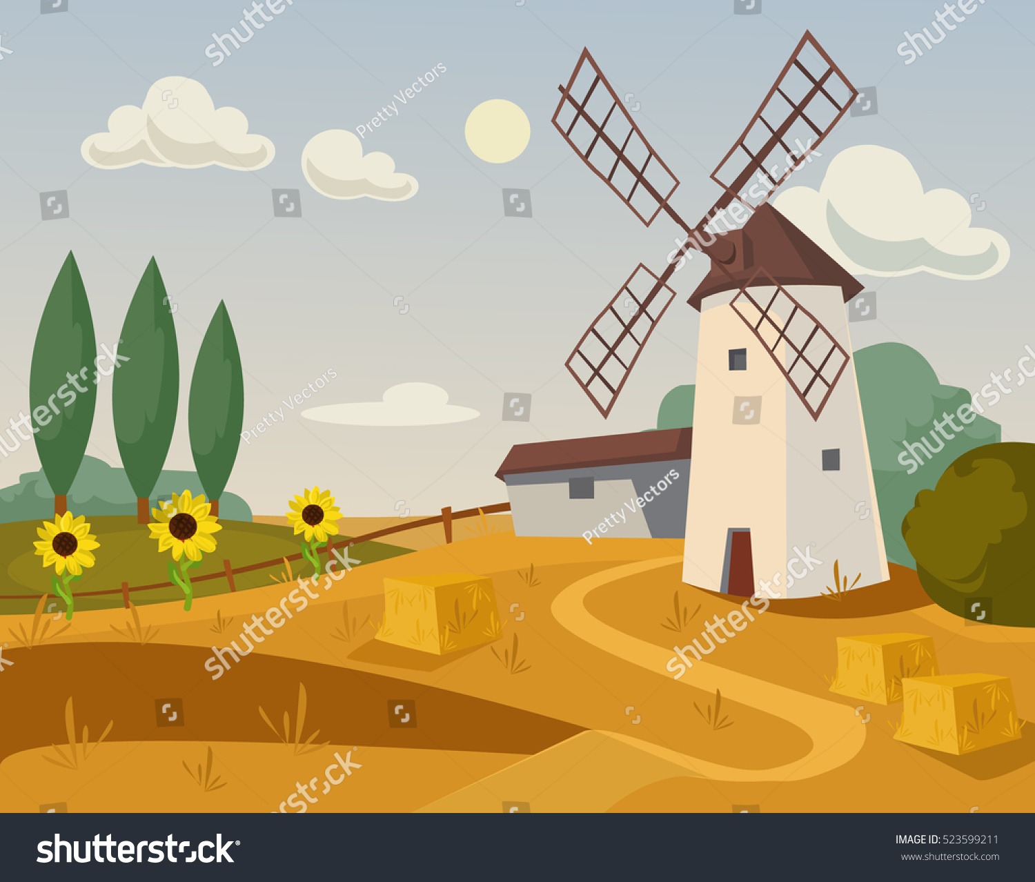 Mill Farm Vector Flat Cartoon Illustration Stock Vector (Royalty Free ...