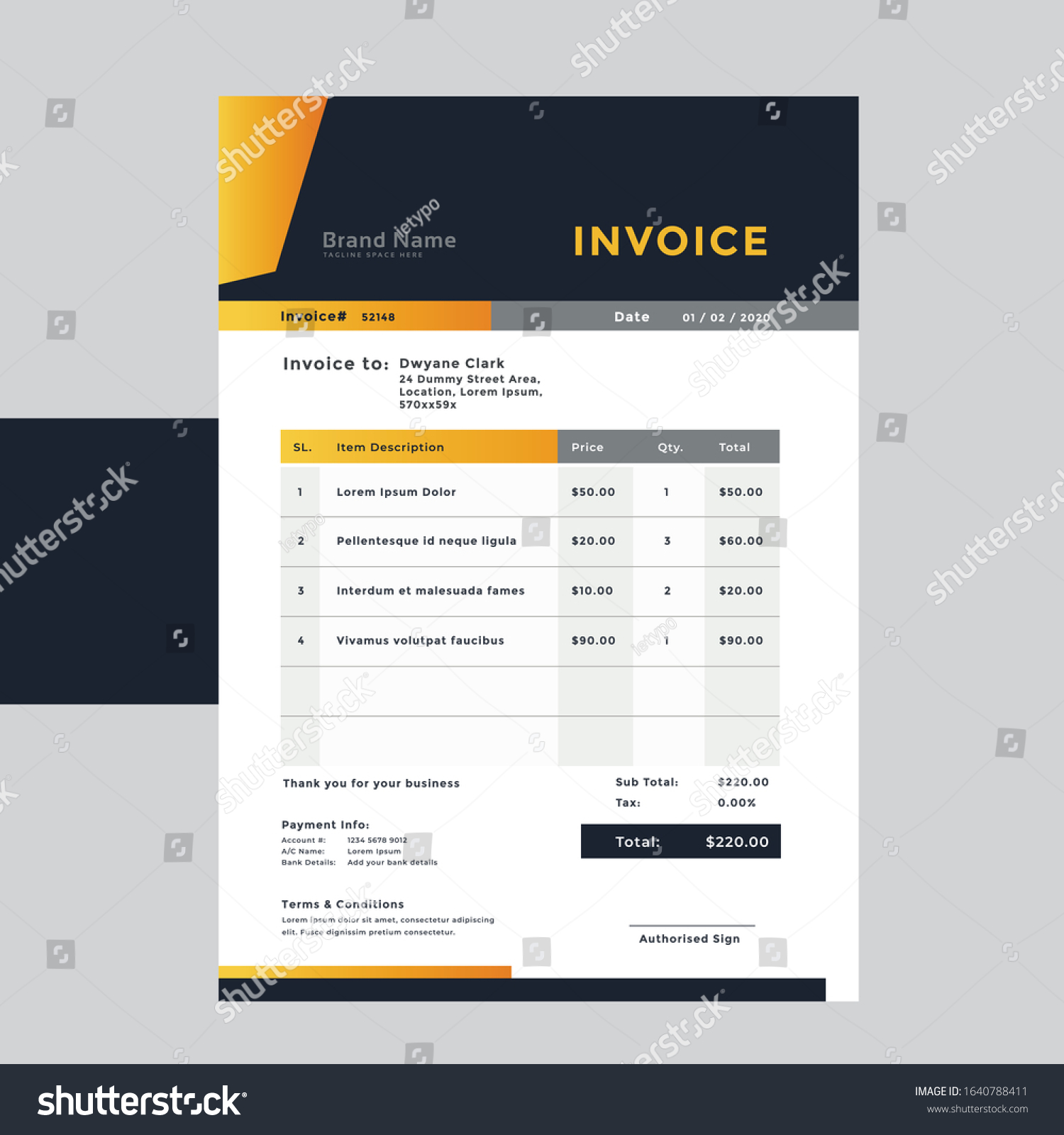 Minimal Yellow Invoice Template Vector Design Stock Vector (Royalty ...