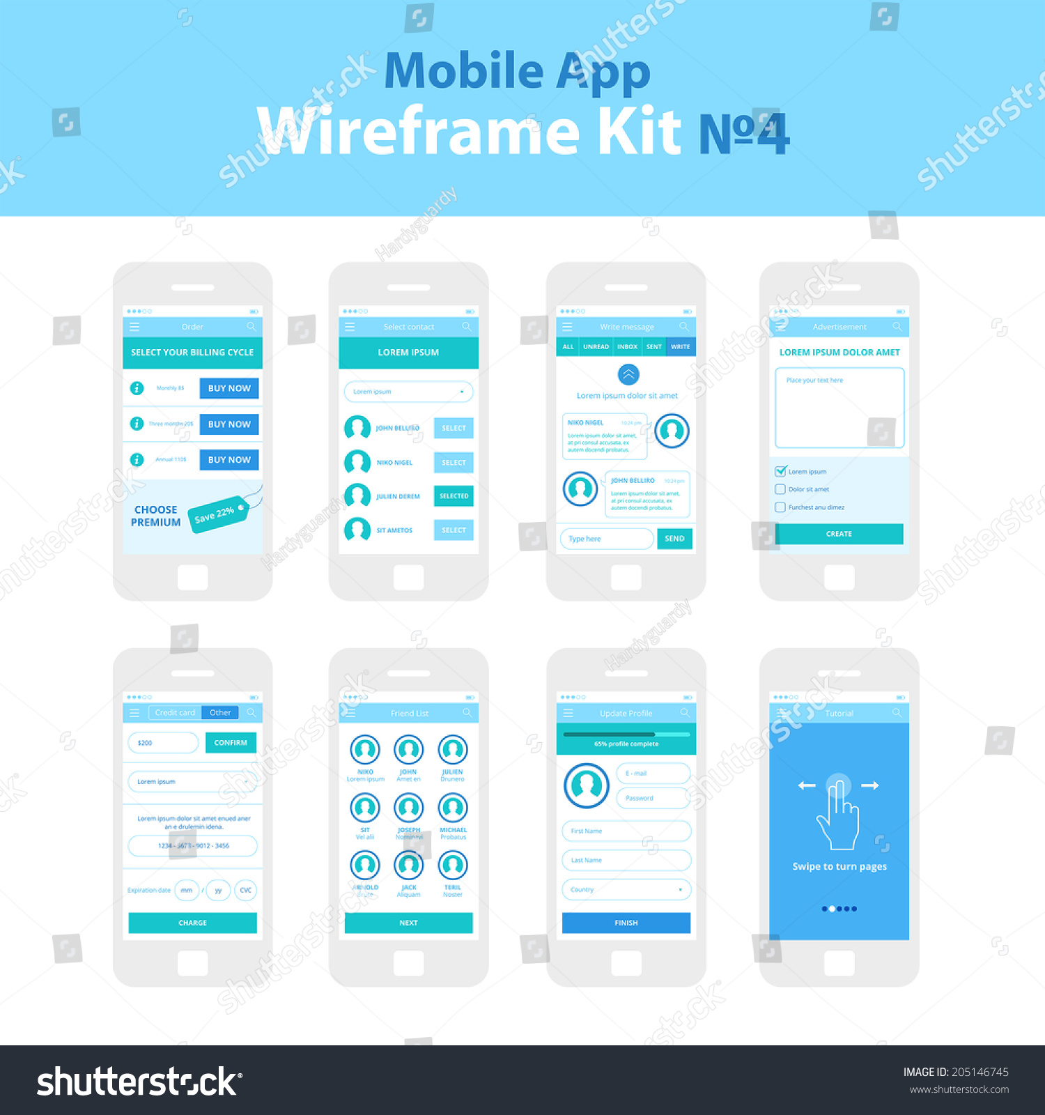Mobile App Wireframe Ui Kit 4 Stock Vector 205146745 Shutterstock