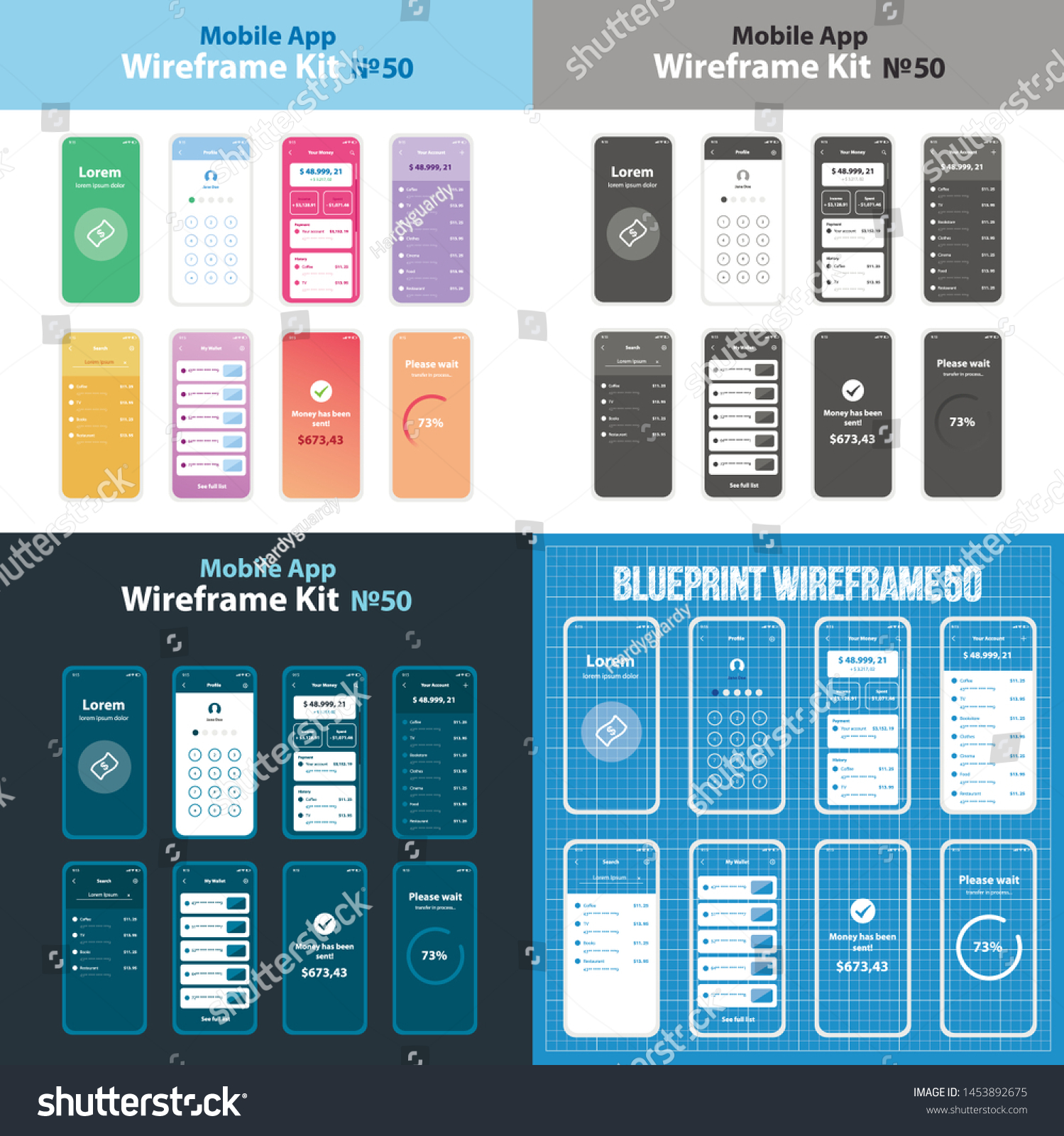 Mobile Wireframe App Ui Kit 50 Stock Vector (Royalty Free) 1453892675