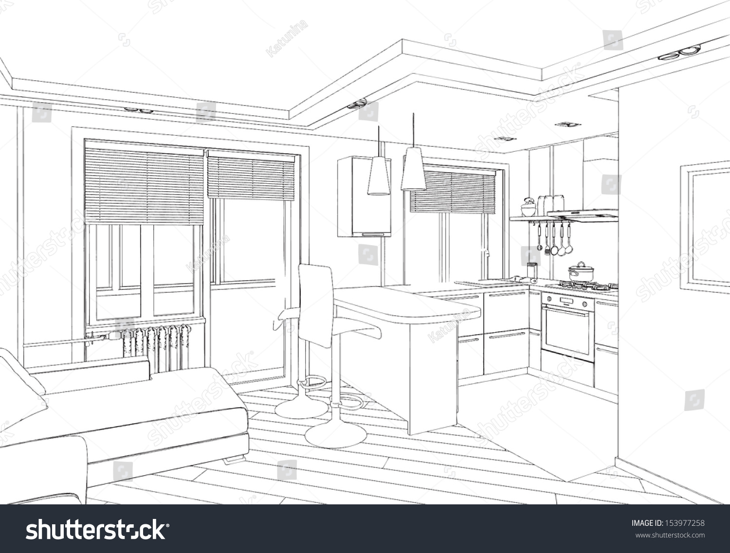 Modern Interior Hand Drawing Stock Vector (Royalty Free) 153977258 ...