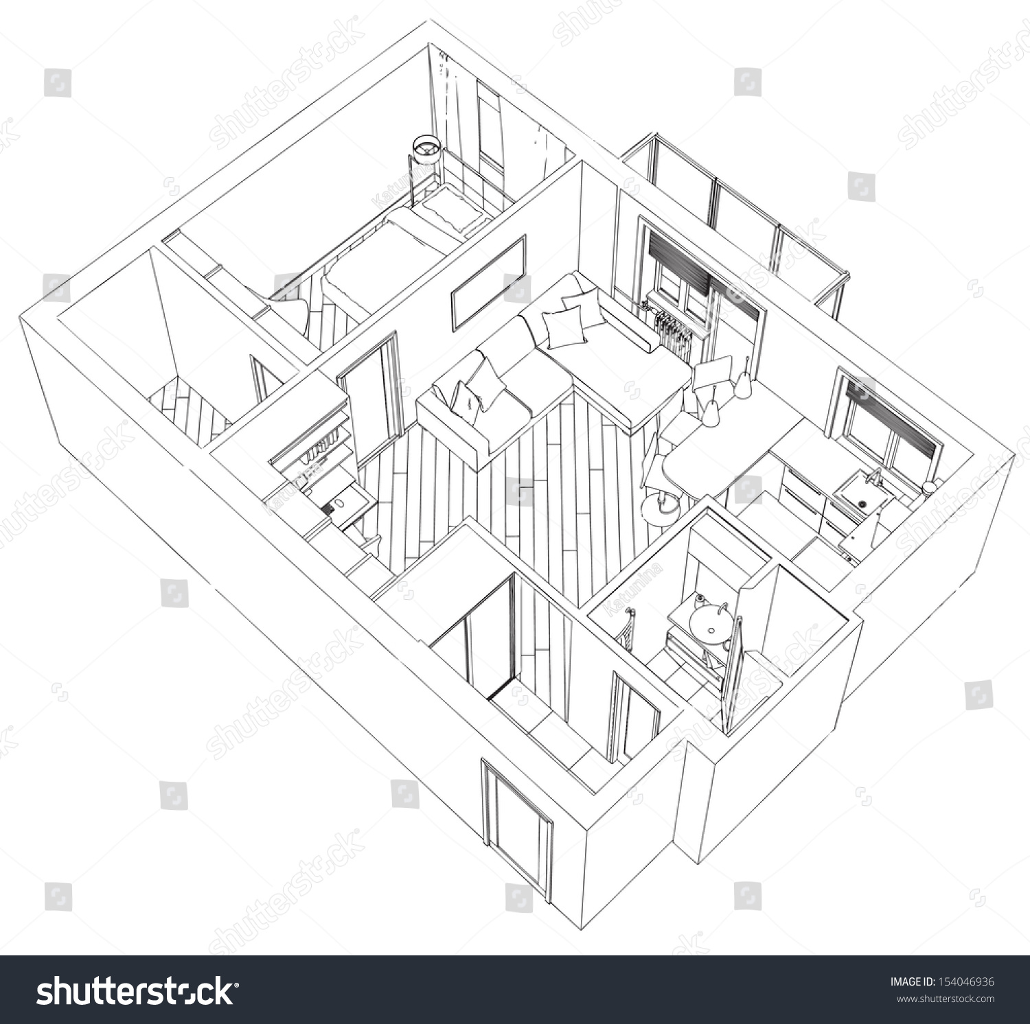 Modern Interior Hand Drawing Stock Vector (Royalty Free) 154046936 ...