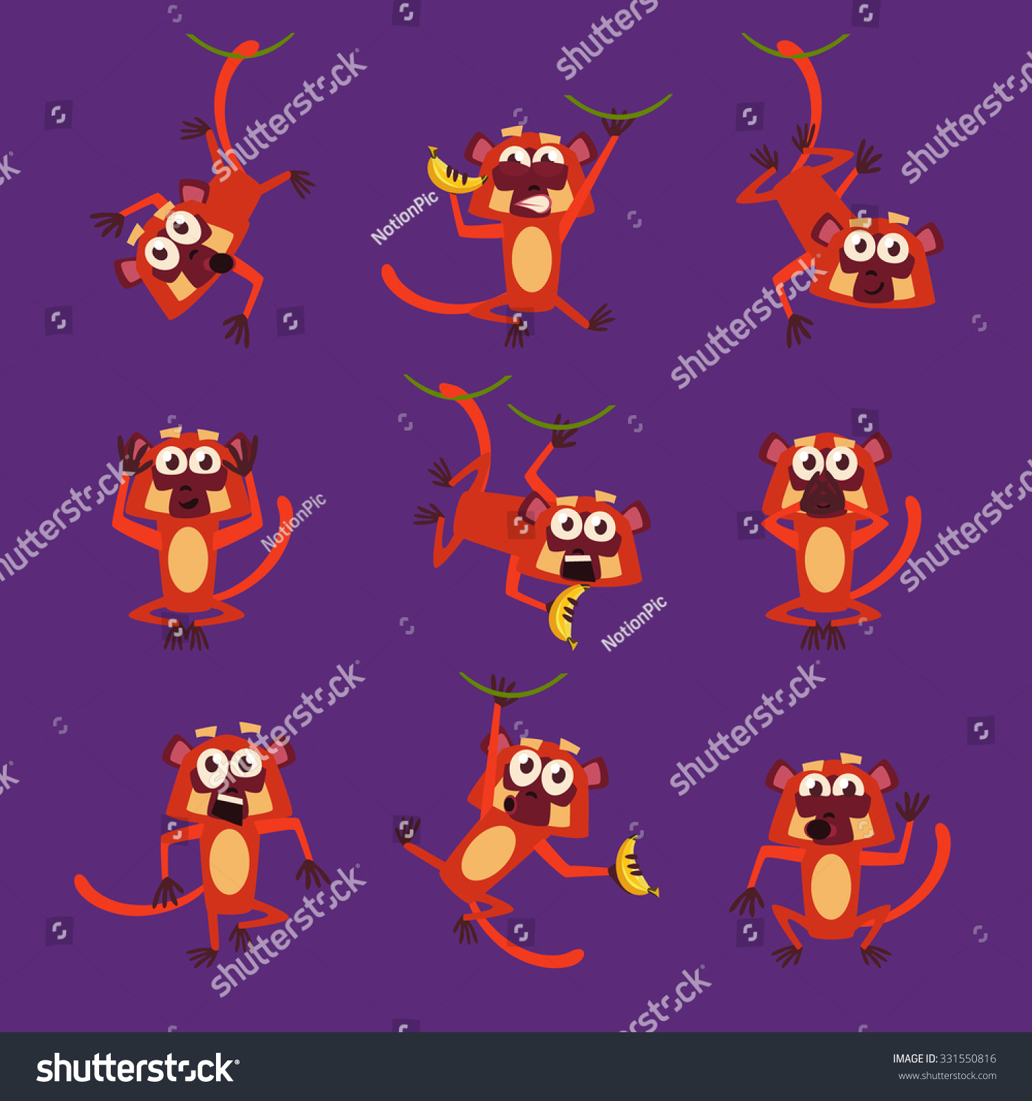 Monkeys Different Poses Vector Illustrations Flat Stock Vector (Royalty ...