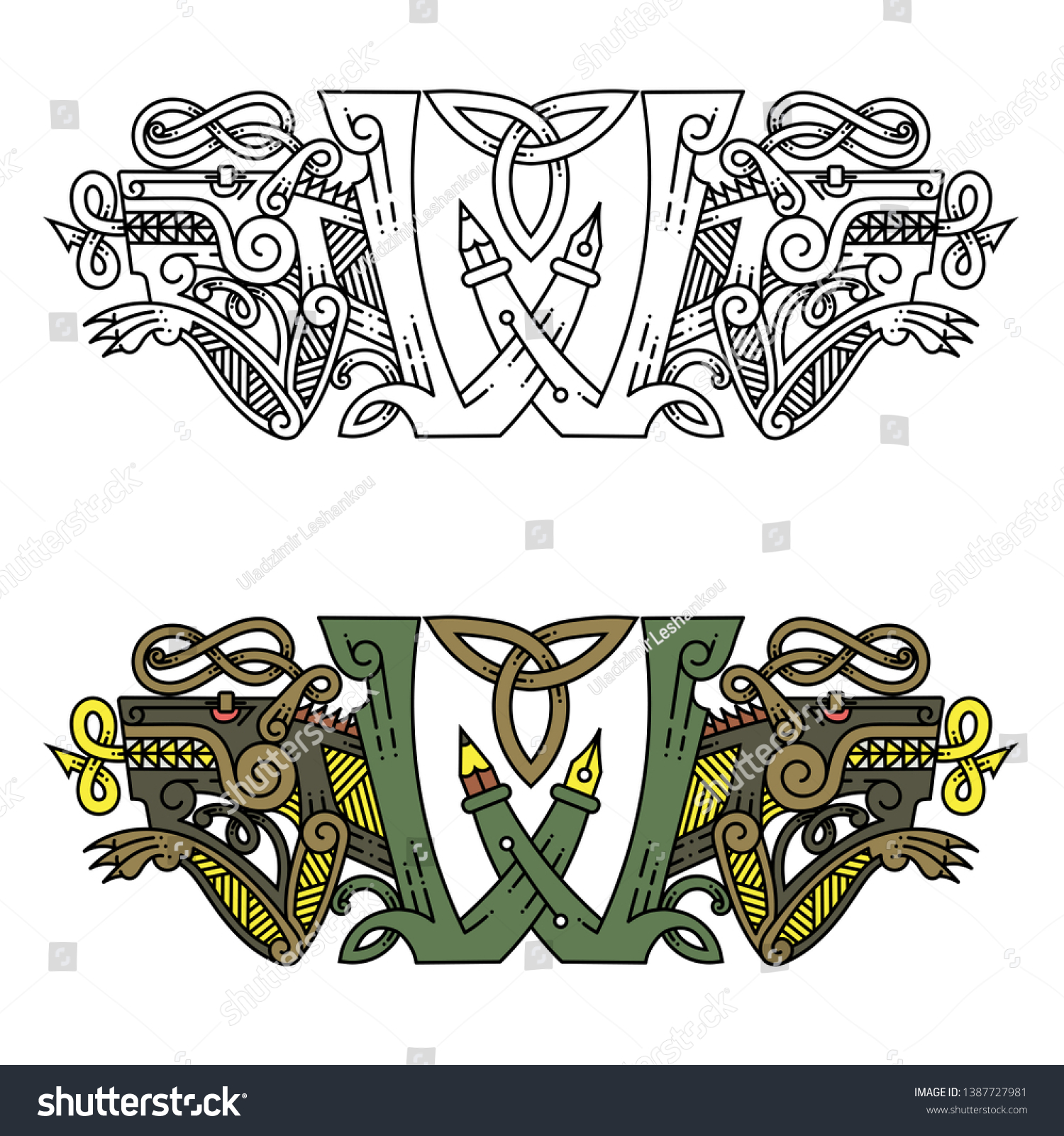 Monogram Celtic Style Wolf Stock Vector (Royalty Free) 1387727981