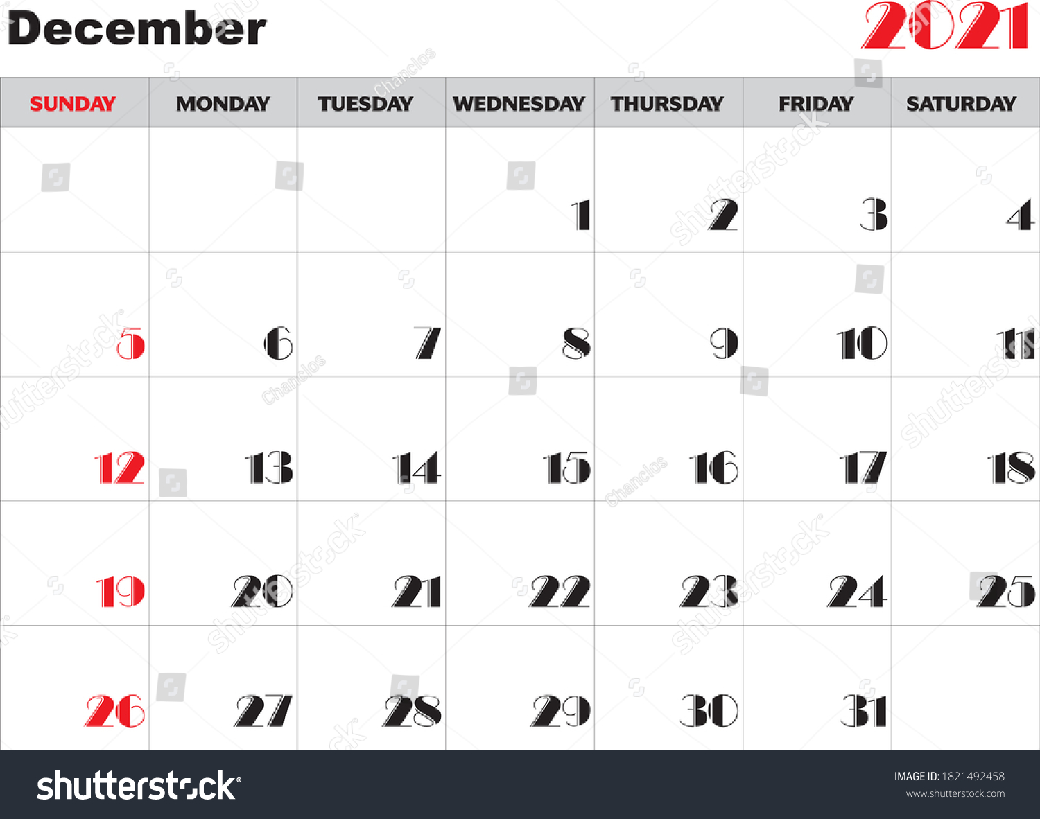 Month December 2021 Calendar Vector Stock Vector (Royalty Free ...