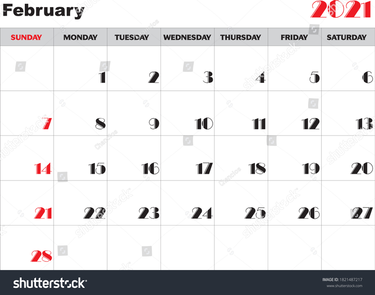 Month February 2021 Calendar Vector Stock Vector (Royalty Free) 1821487217