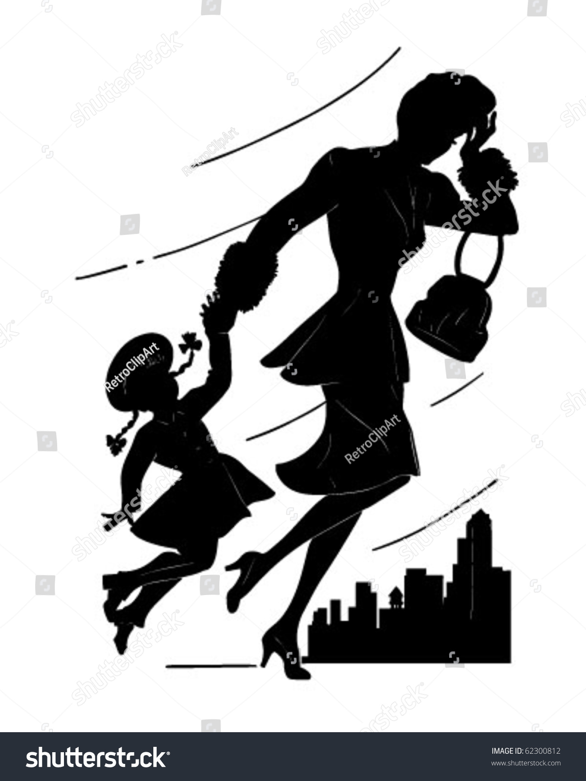 Mother Daughter Silhouette Retro Clipart Illustration Stock Vector