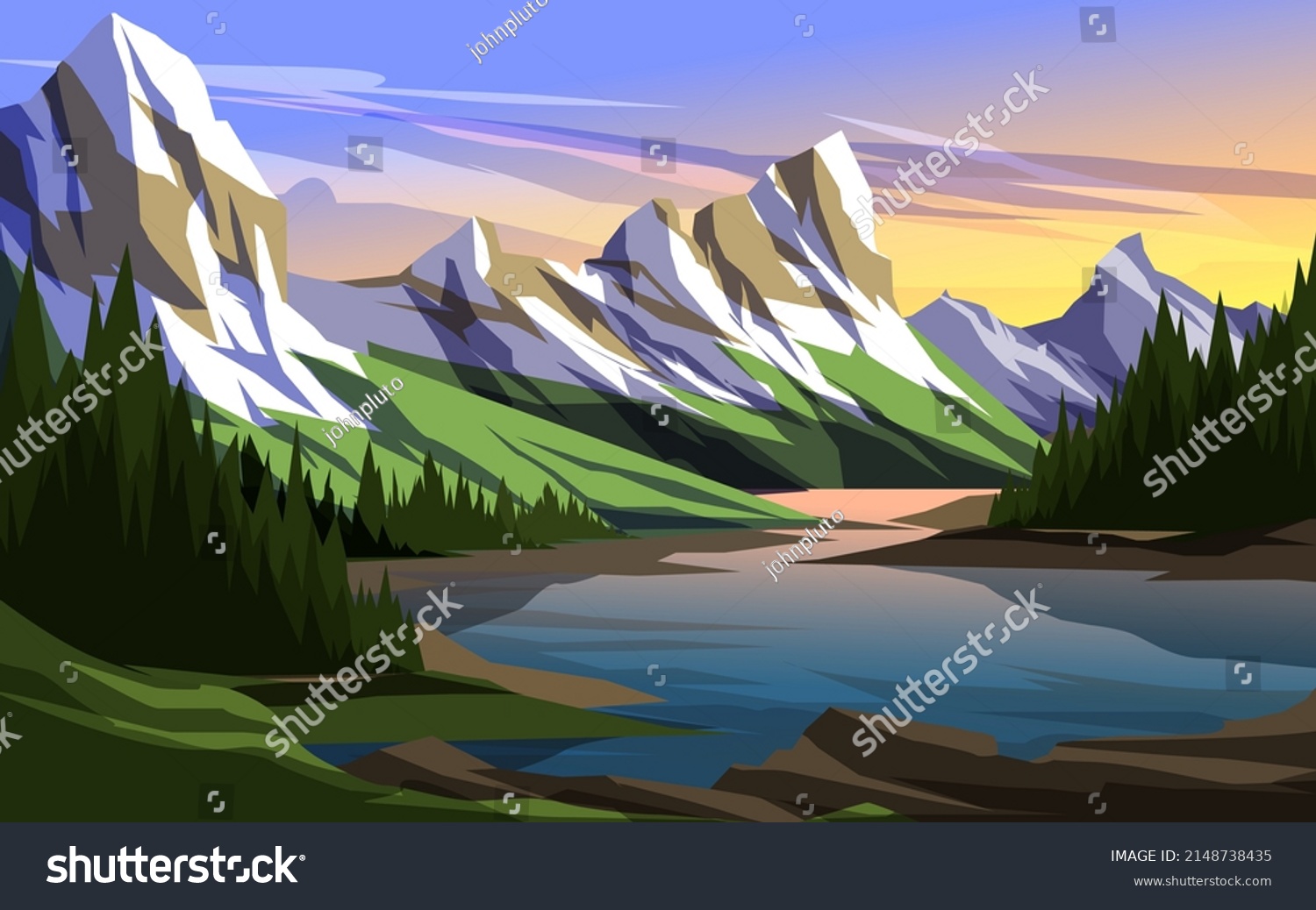 Mountain Range Vector Flat Landscape Lake Stock Vector (Royalty Free ...