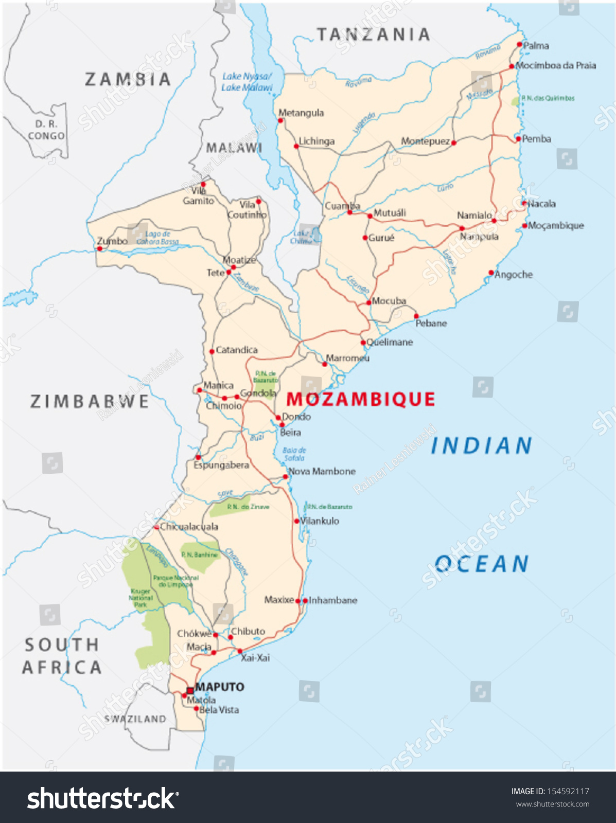 Mozambique Road Map Stock Vector (Royalty Free) 154592117 - Shutterstock