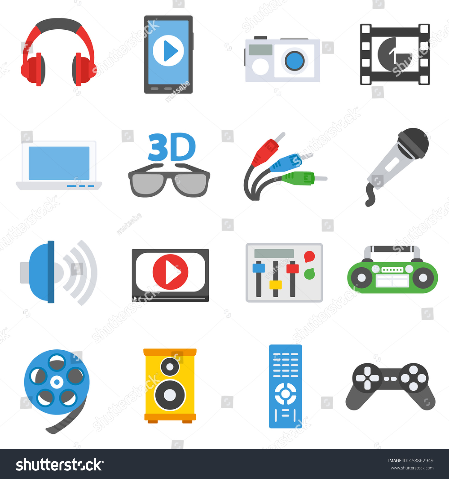 Multimedia Icons Set Flat Design Stock Vector 458862949 - Shutterstock