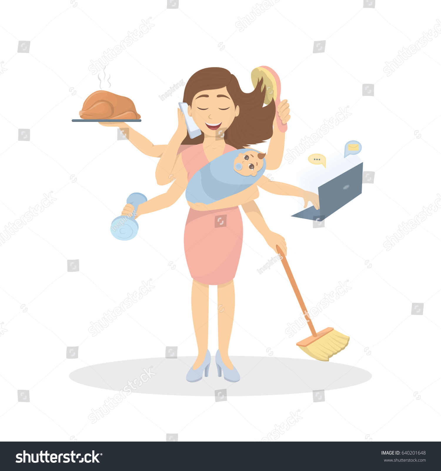 Multitasking Mother Six Hands Stock Vector (Royalty Free) 640201648