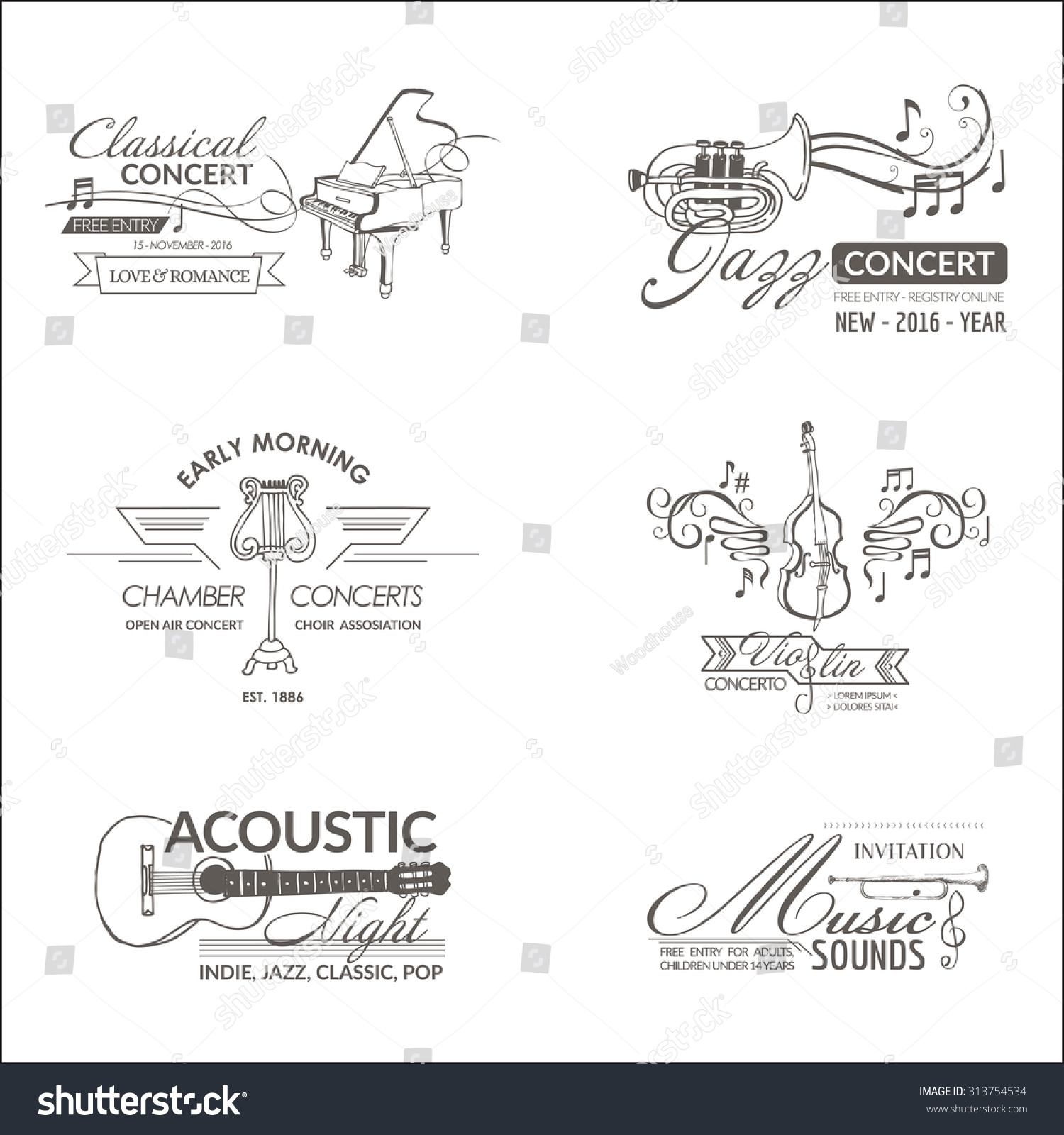 Music Instruments Labels Badges Identity Logotypes Stock Vector ...
