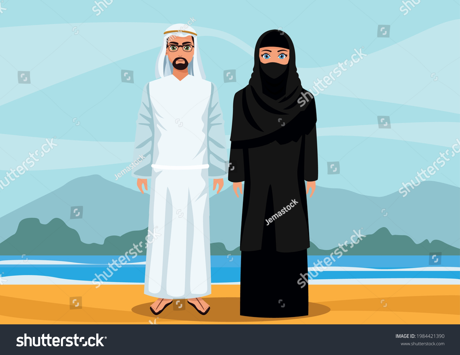 Muslim Couple Comic Characters Landscape Stock Vector (Royalty Free ...