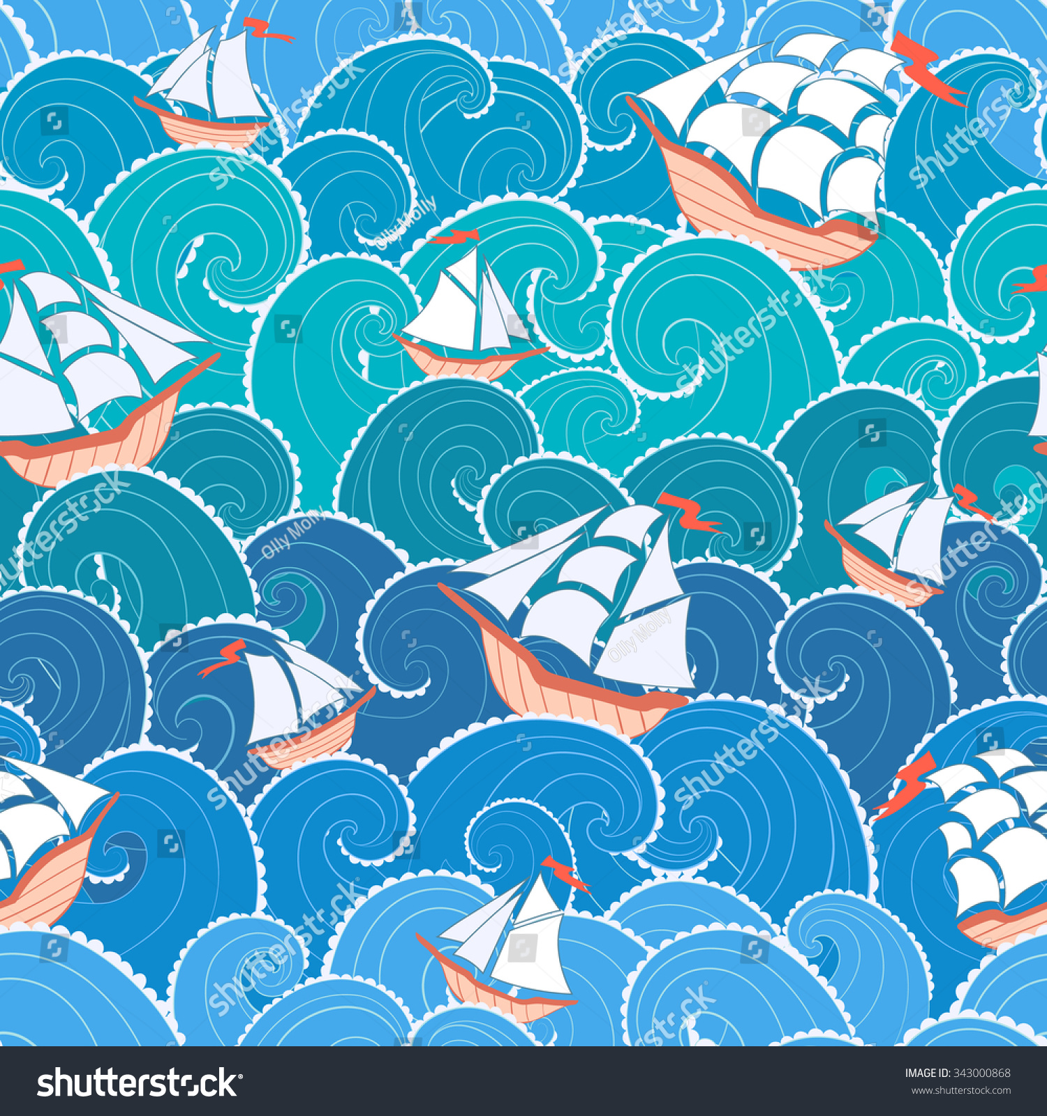 Nautical Seamless Pattern Ships Waves Background Stock Vector (Royalty ...