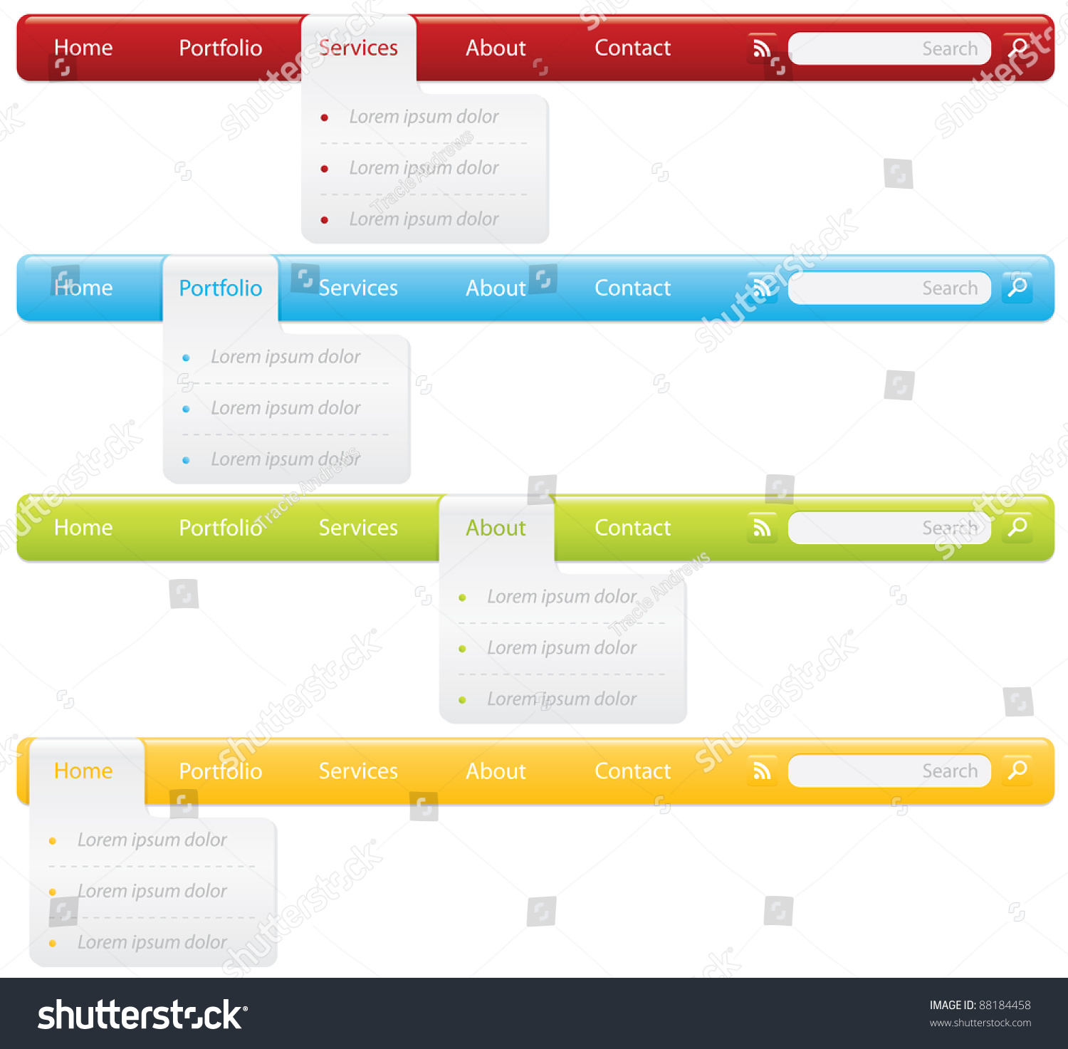 Navigation Bars With Drop Down Menus With Search Bar. In Four Different ...