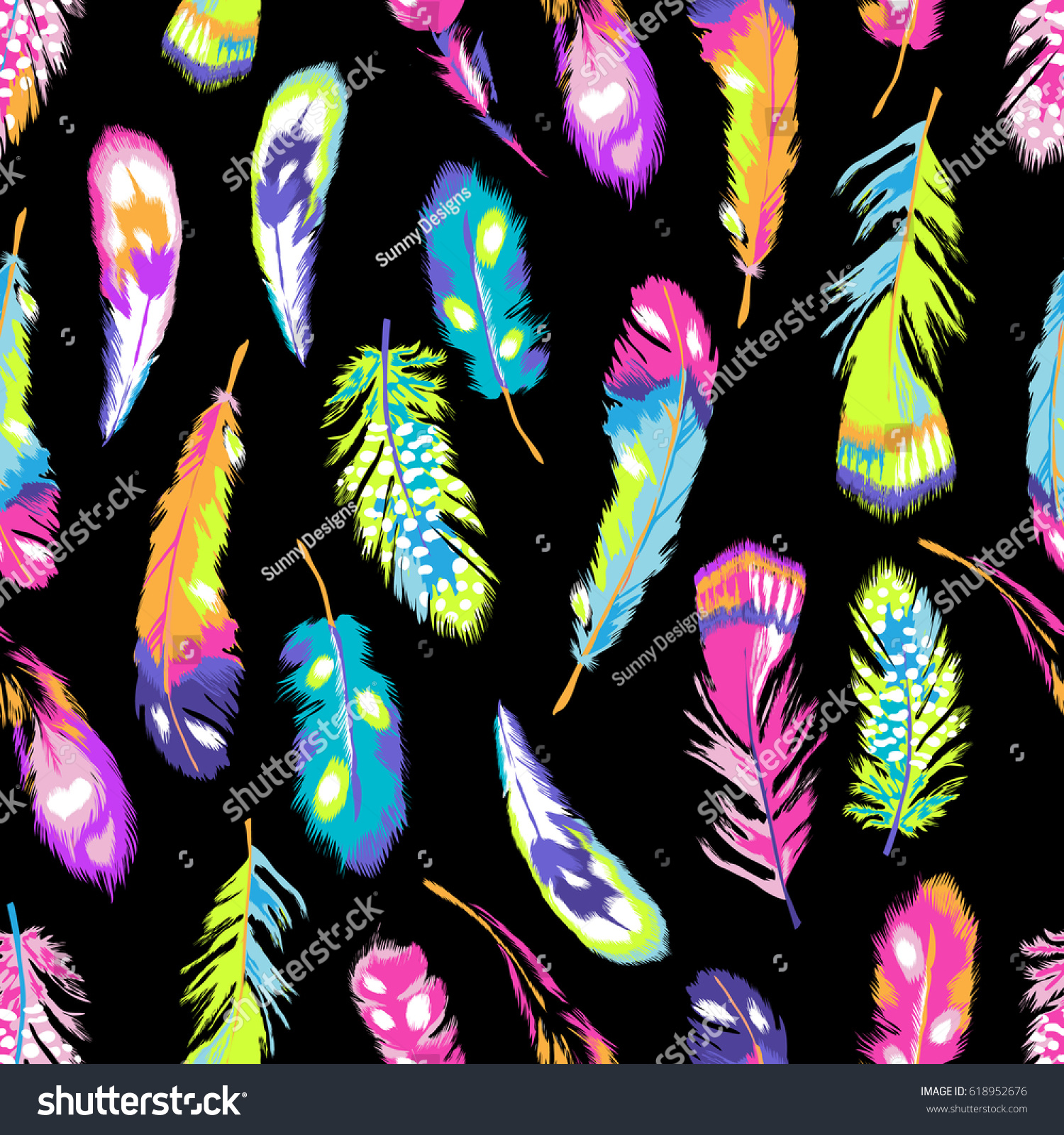 Neon Bright Feather Print Seamless Background 스톡 벡터(로열티 프리) 618952676 ...