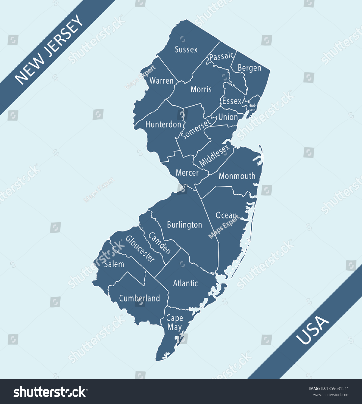 New Jersey County Map Labeled Stock Vector (Royalty Free) 1859631511