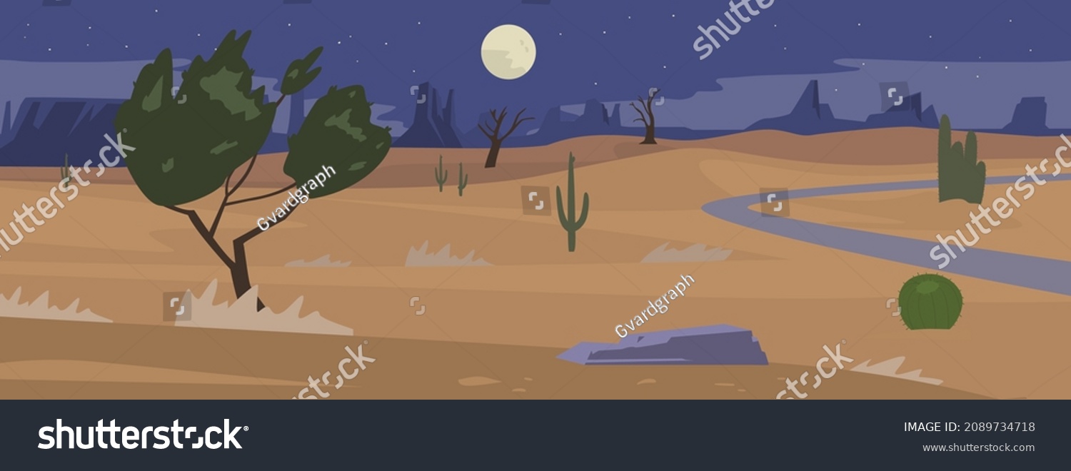 Night Desert Panoramic Landscape Vector Illustration Stock Vector ...