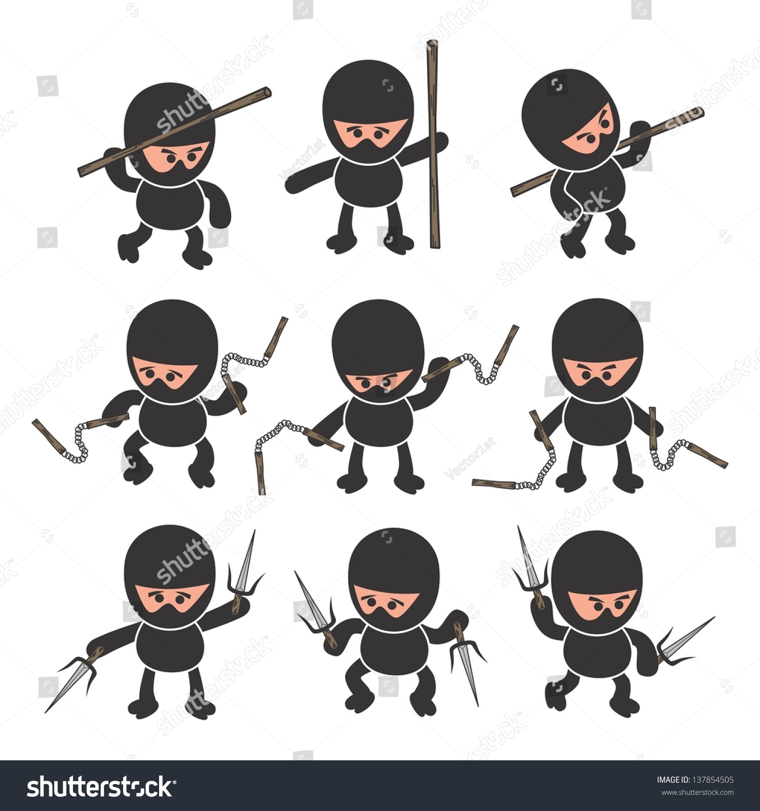 Ninja Warrior Cartoon Set: vector de stock (libre de regalías ...
