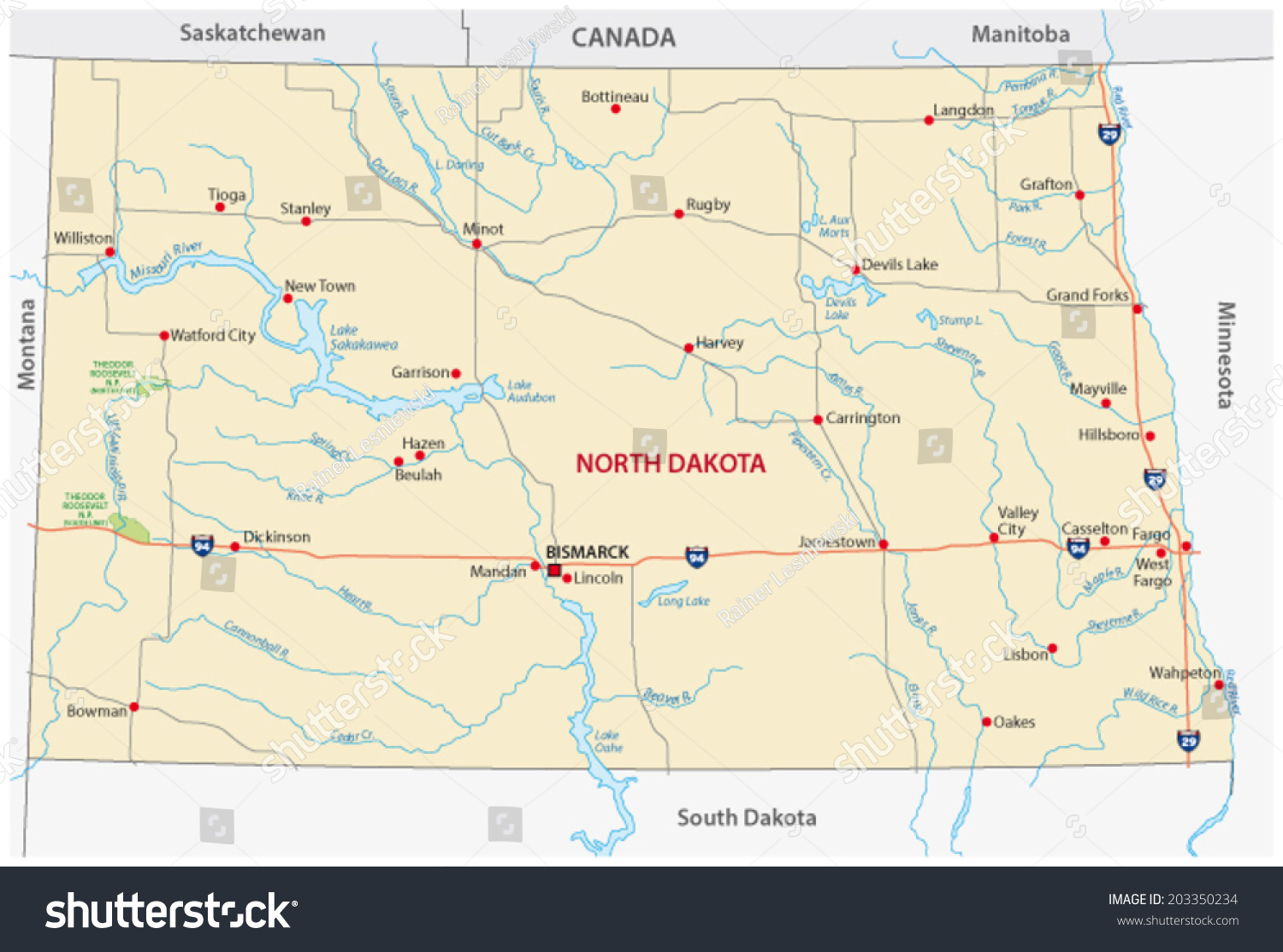 North Dakota Road Map Stock Vector Illustration 203350234 : Shutterstock
