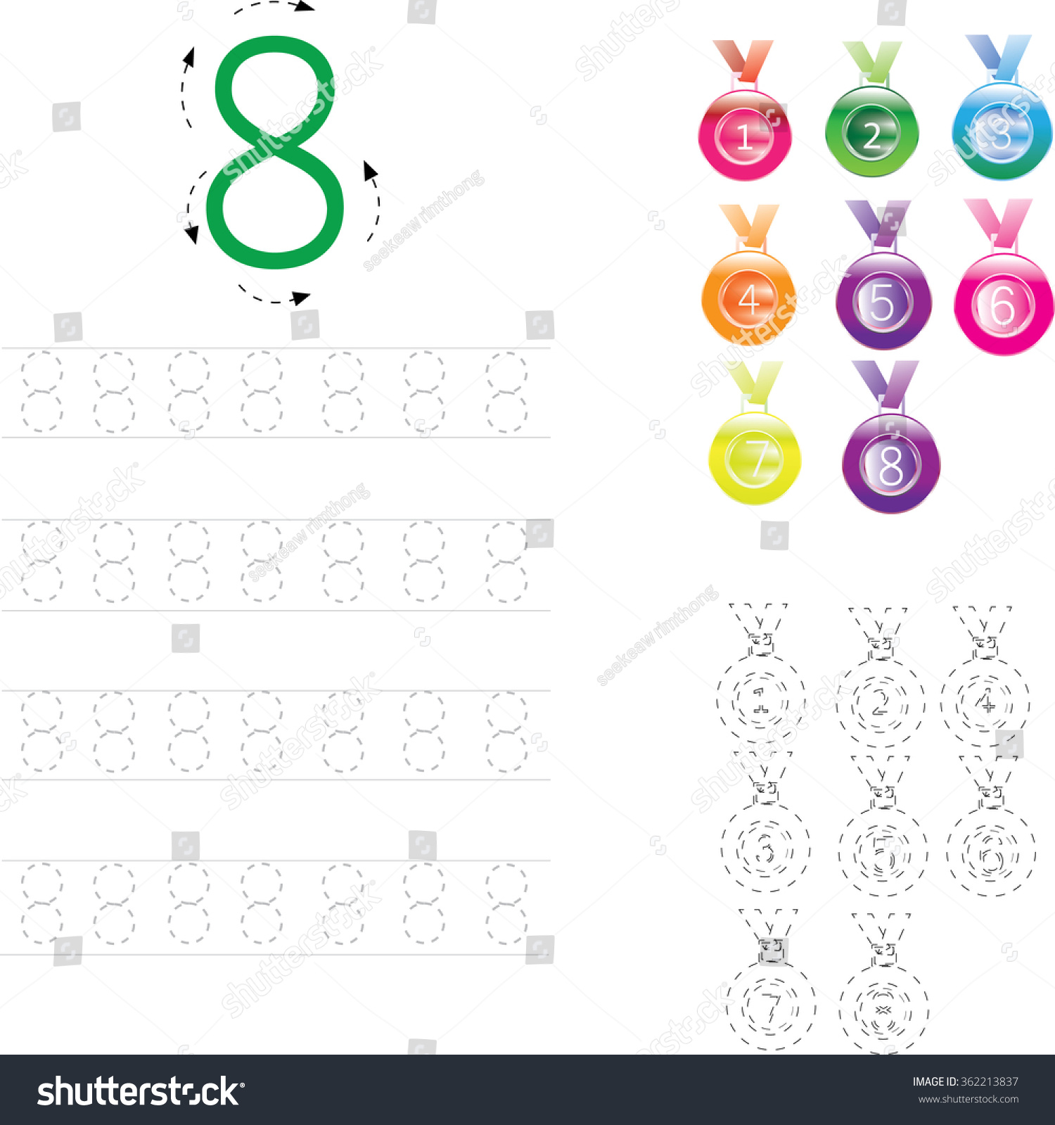 Number Tracing Worksheet Eight 8 스톡 벡터(로열티 프리) 362213837