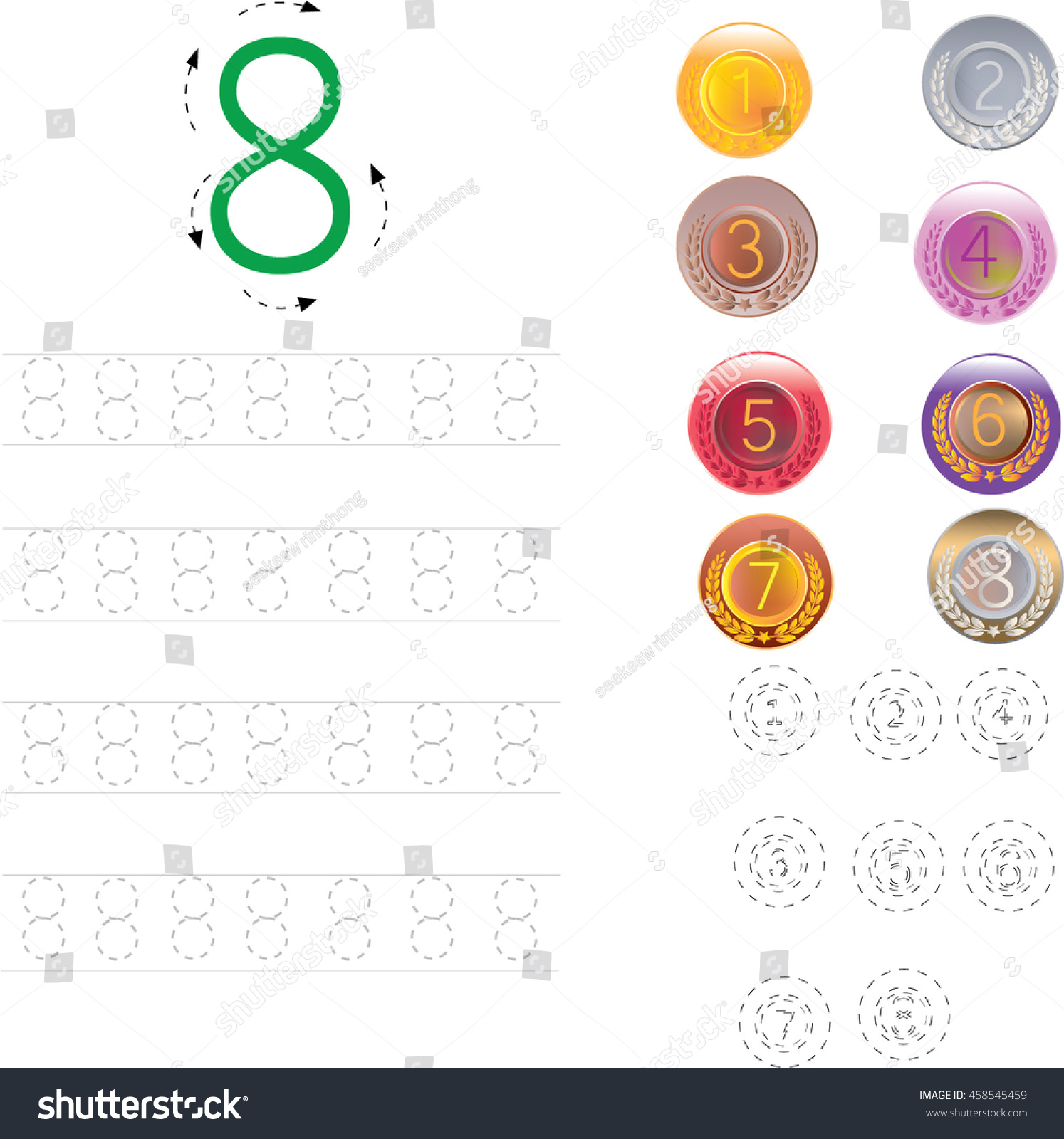 Number Tracing Worksheet Eight 8 Stock Vector (Royalty Free) 458545459