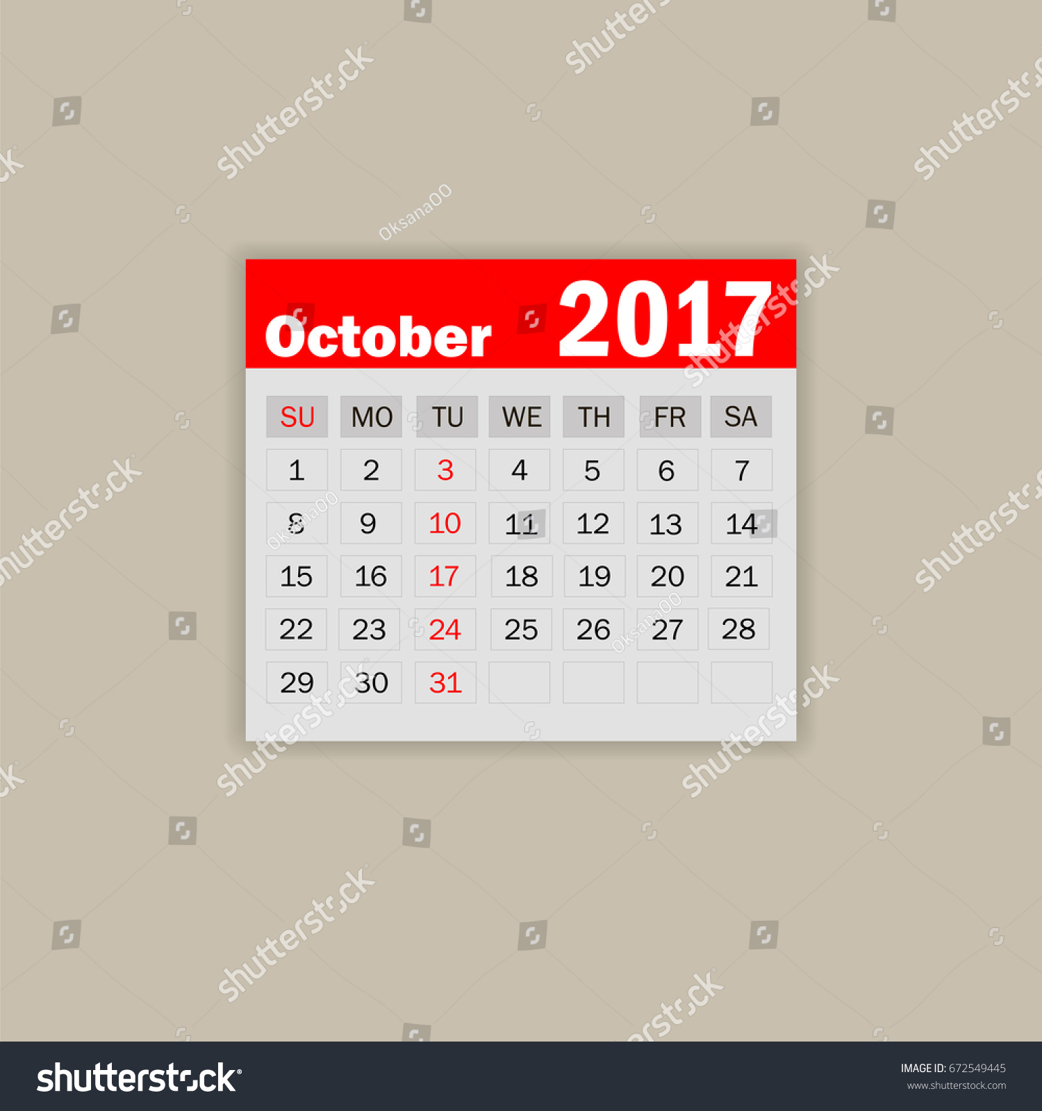 October 2017 Calendar Vector Illustration Stock Vector (Royalty Free ...